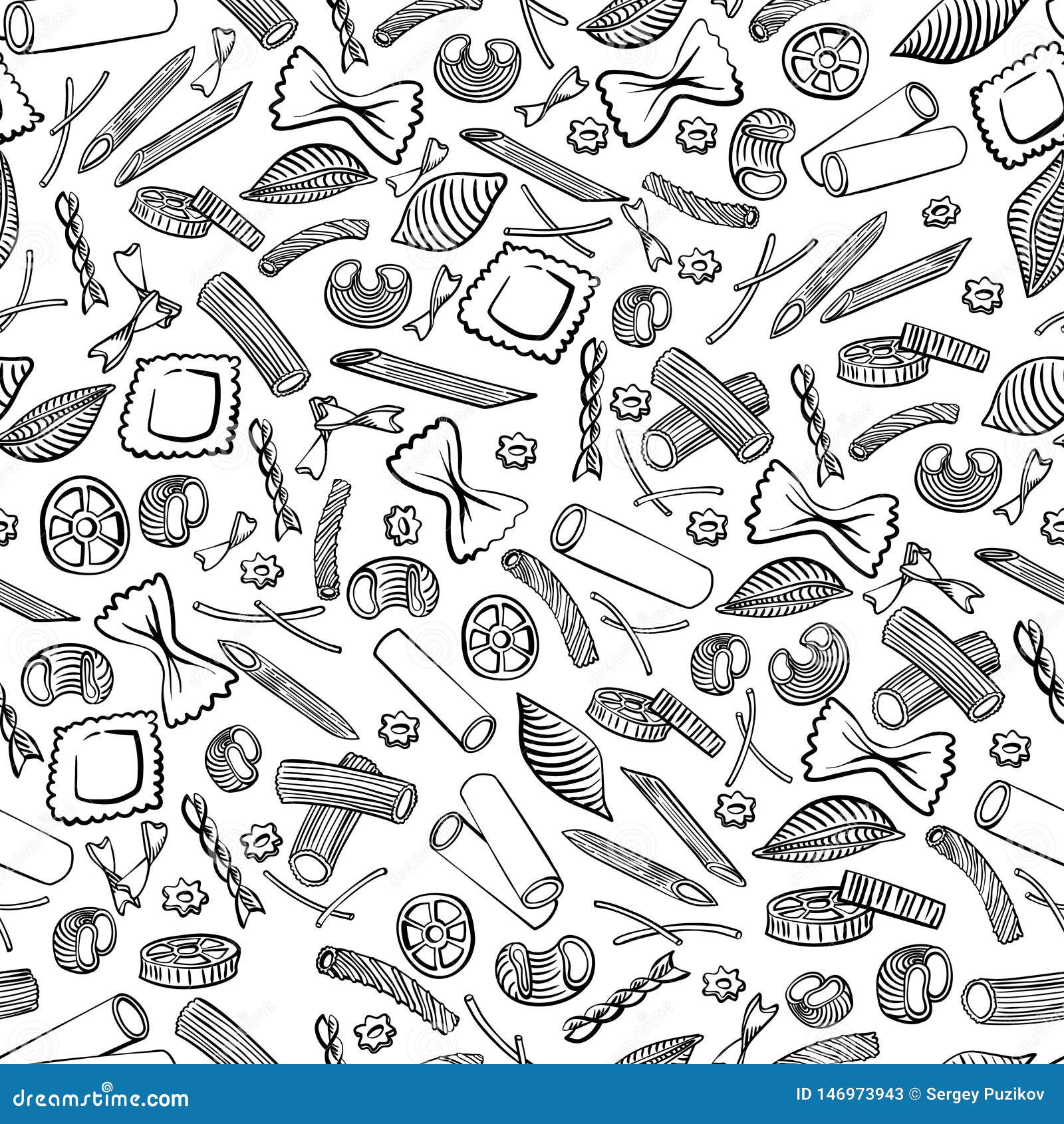 Seamless Pattern with Italian Macaroni of Different Kinds. Black Hand ...