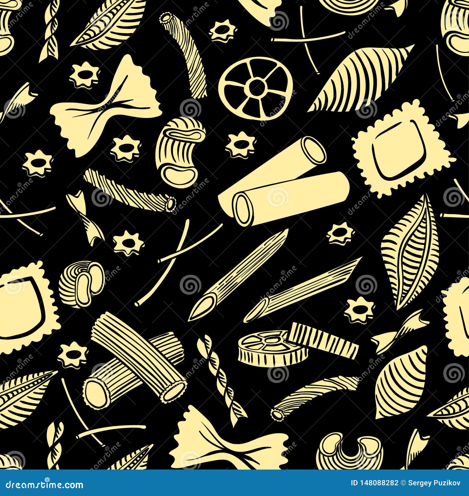 Seamless Pattern with Italian Macaroni of Different Kinds. Light Yellow ...