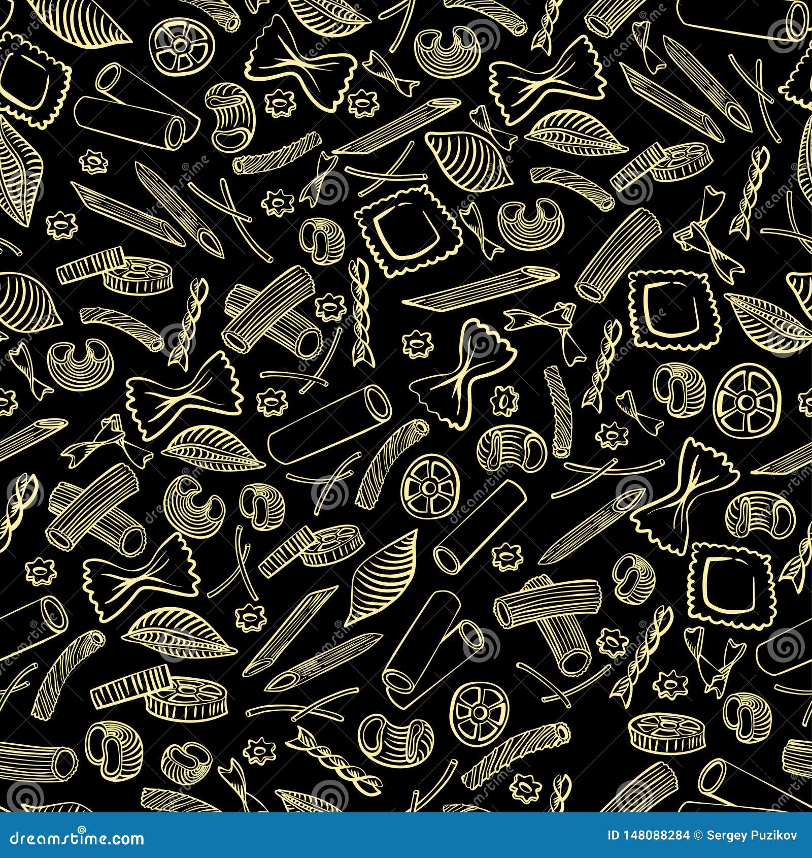 Seamless Pattern with Italian Macaroni of Different Kinds. Light Yellow ...