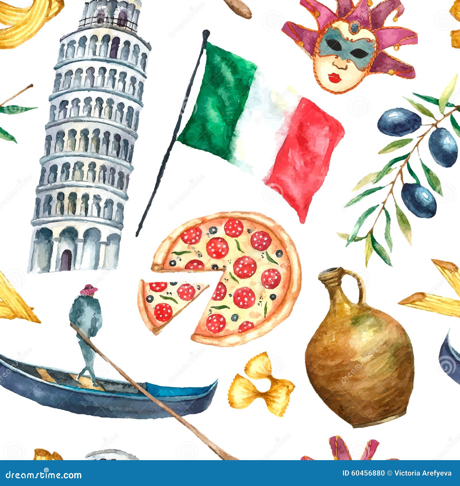 Seamless Pattern of Italy Icons Watercolor Illustration. Stock Vector ...