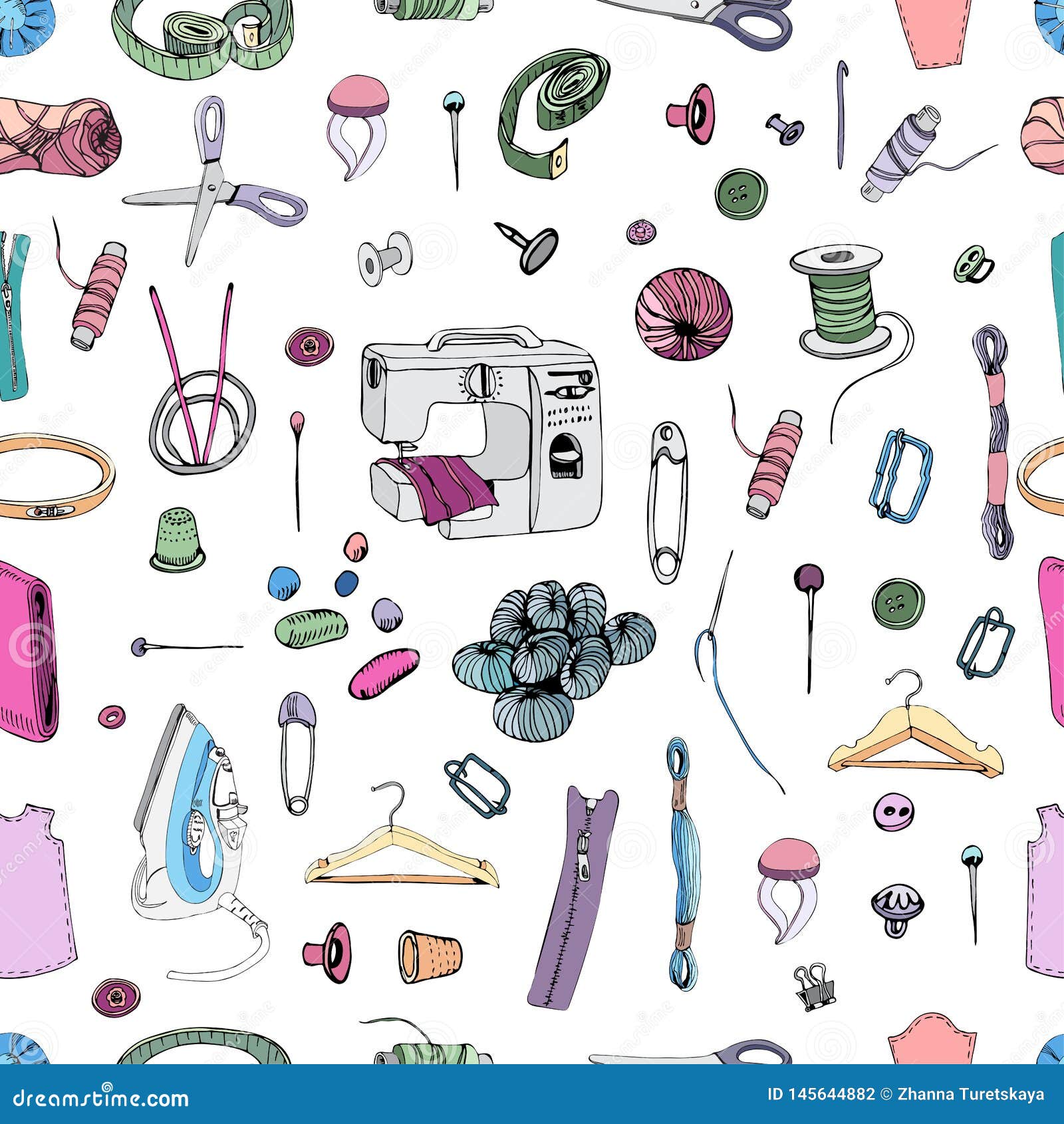 Seamless Pattern with Items for Sewing. Hand Drawn Ink and Colored ...