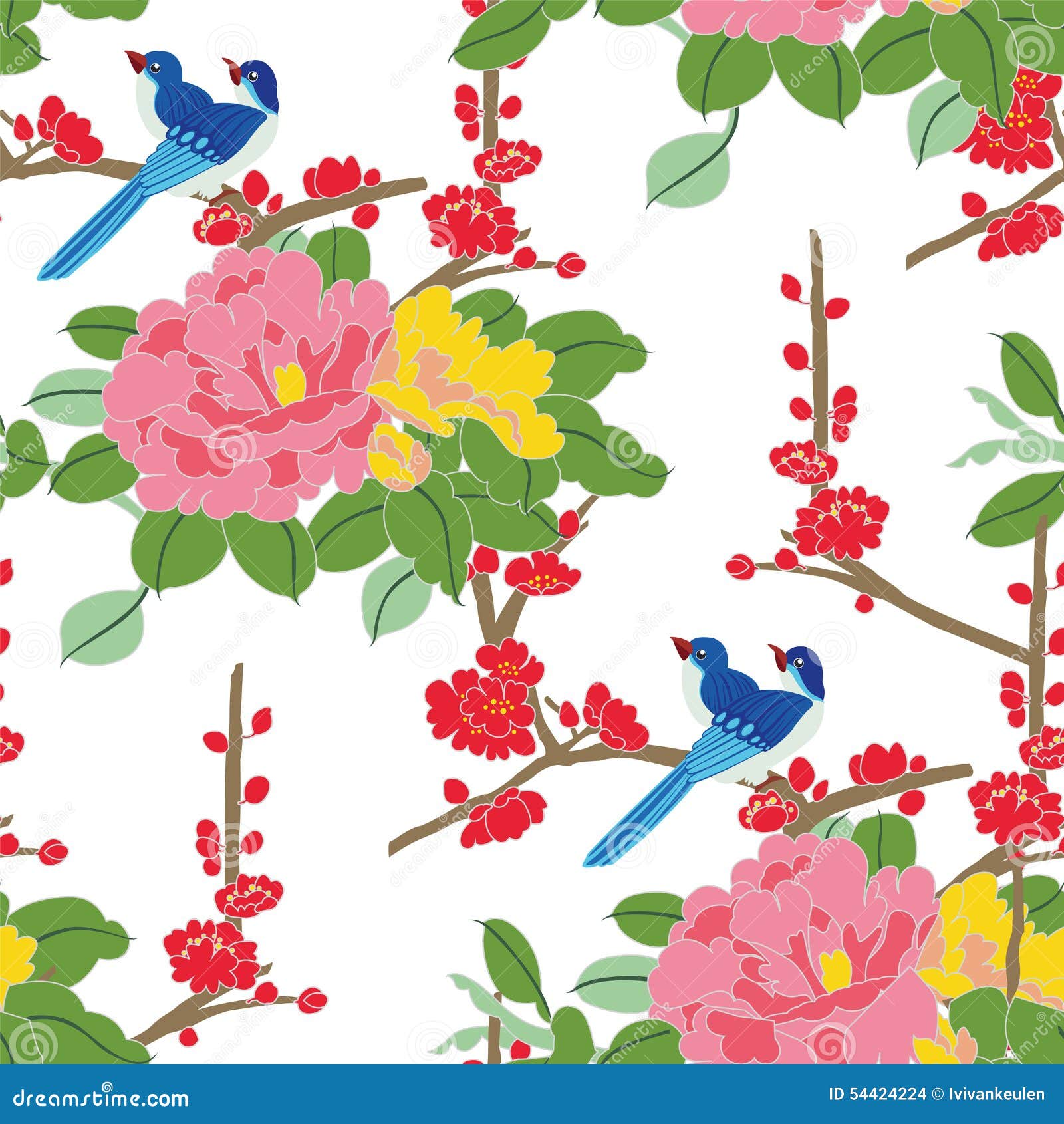 Seamless Pattern Japanese Birds Stock Vector - Illustration of leaves ...