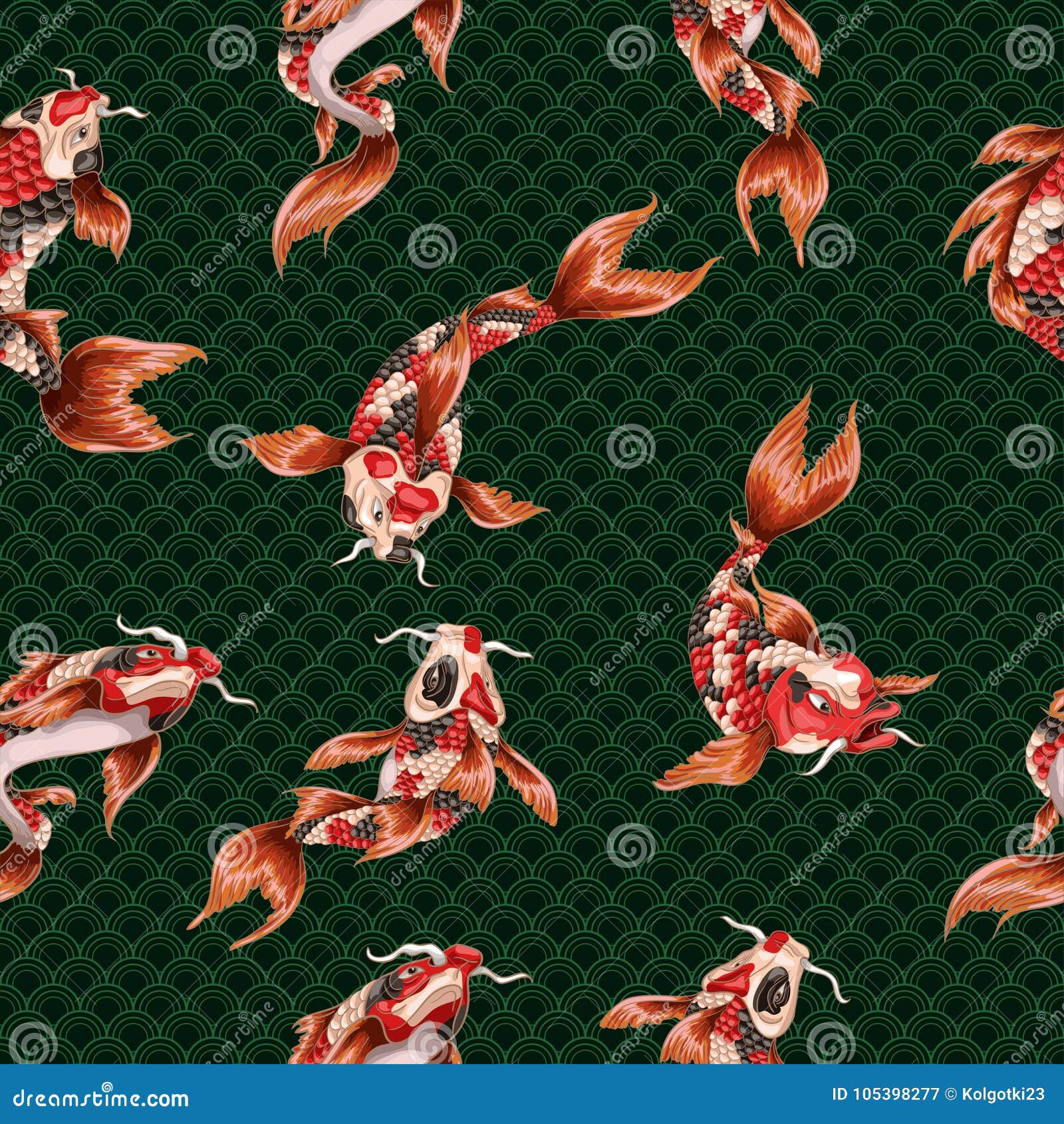 Seamless Pattern with Japanese Carp Koi and Wave on Geometrycal ...