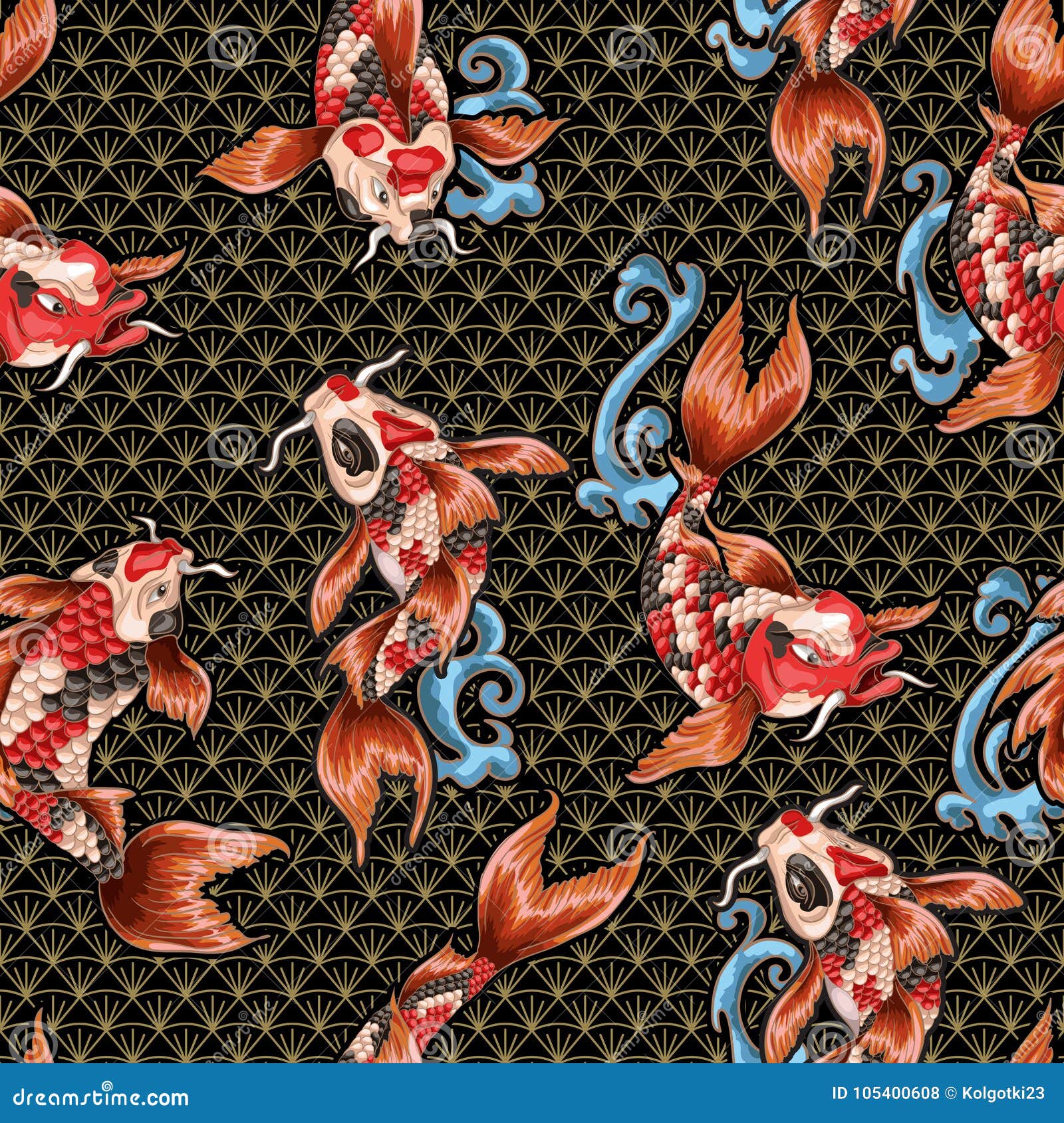 Seamless Pattern with Japanese Carp Koi and Wave on Geometrycal ...