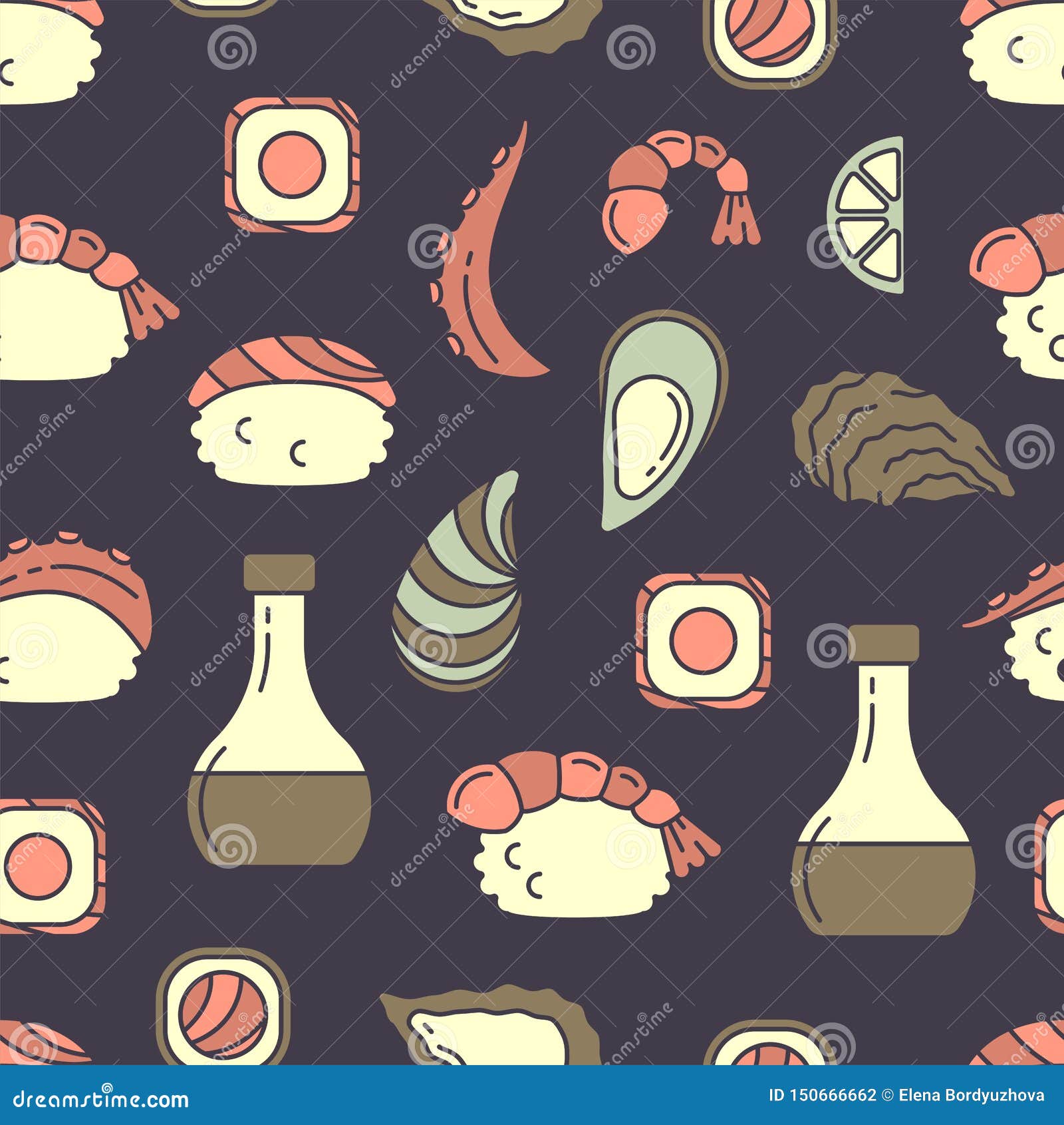 Seamless Pattern with Japanese Food Elements in Flat Style Stock Vector ...
