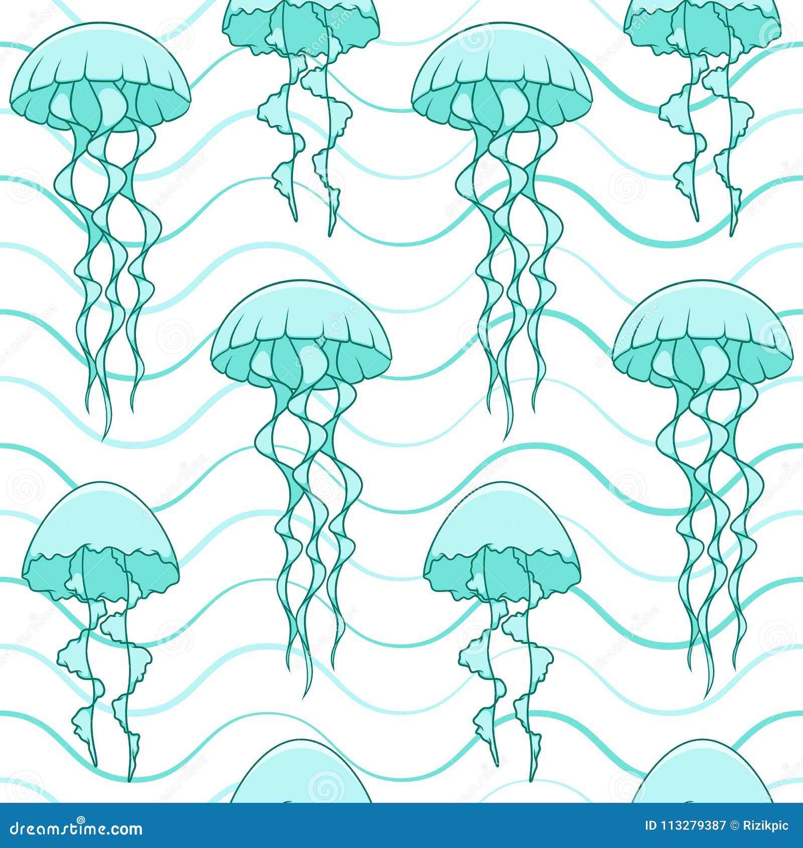 Seamless Pattern with Jellyfish and Waves. Vector Marine Background ...