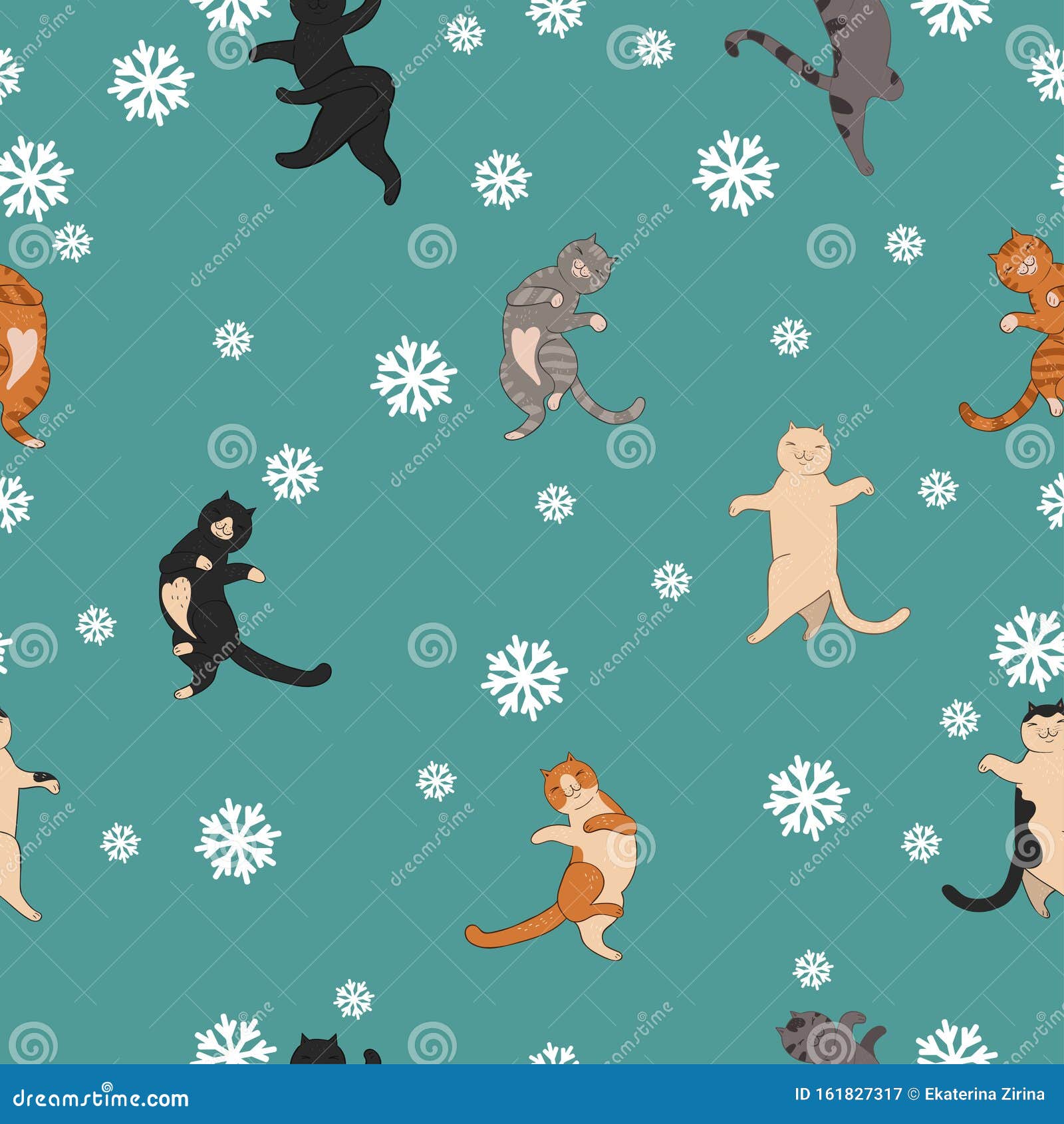Seamless Pattern with Jumping Cats and Snowflakes Stock Illustration ...