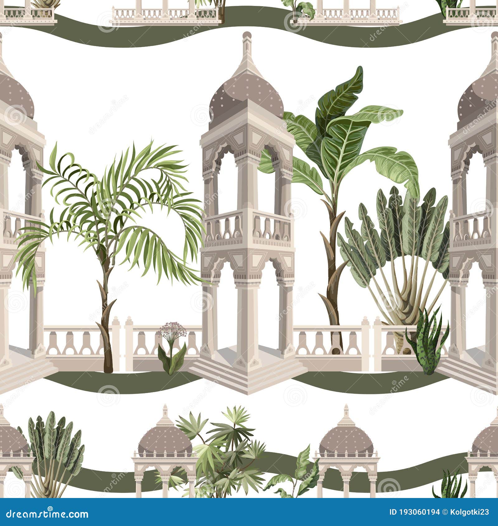 Seamless Pattern with Jungle Trees and Ancient Arbor. Vector. Stock ...