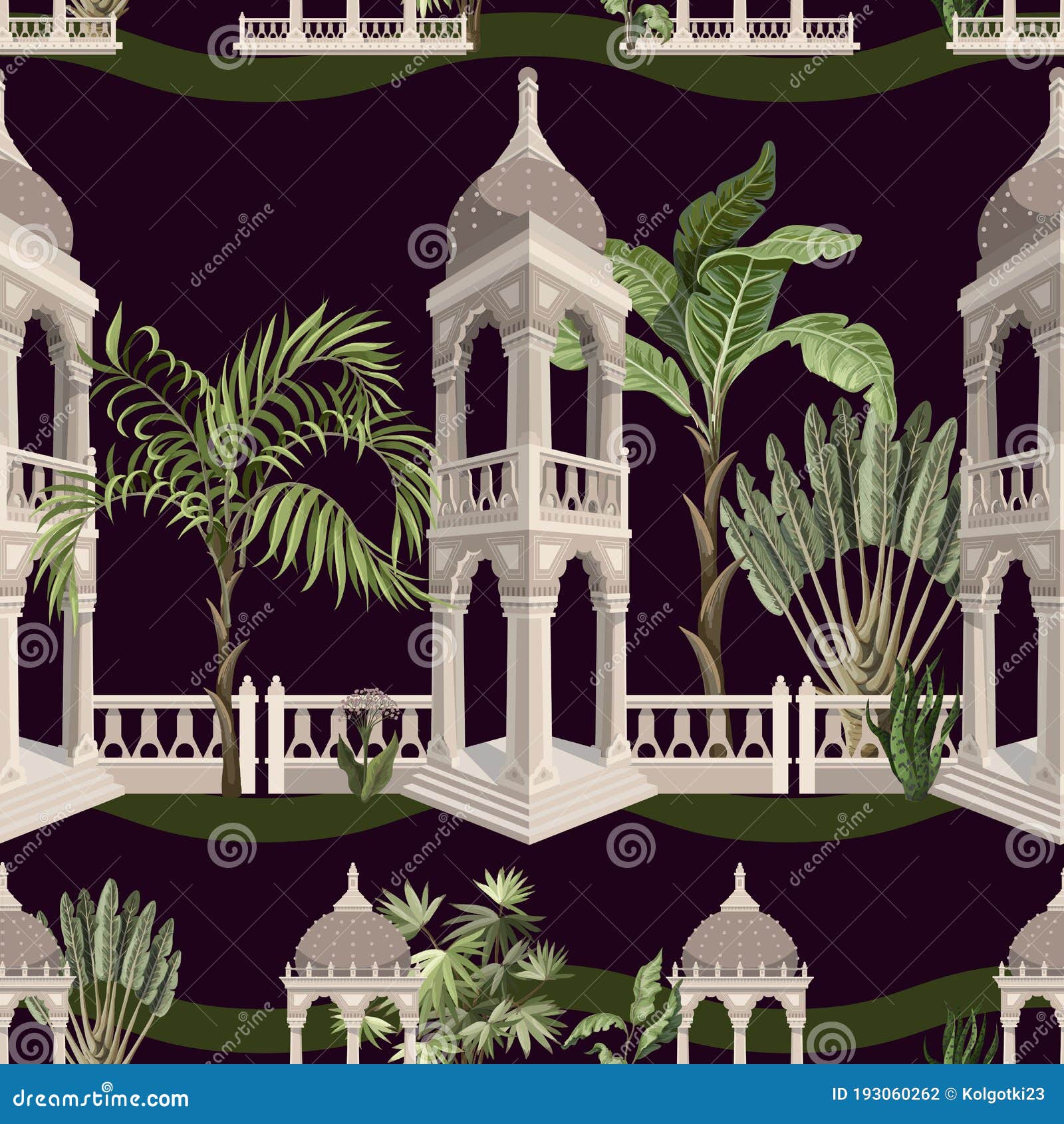 Seamless Pattern with Jungle Trees and Ancient Arbor. Vector. Stock ...