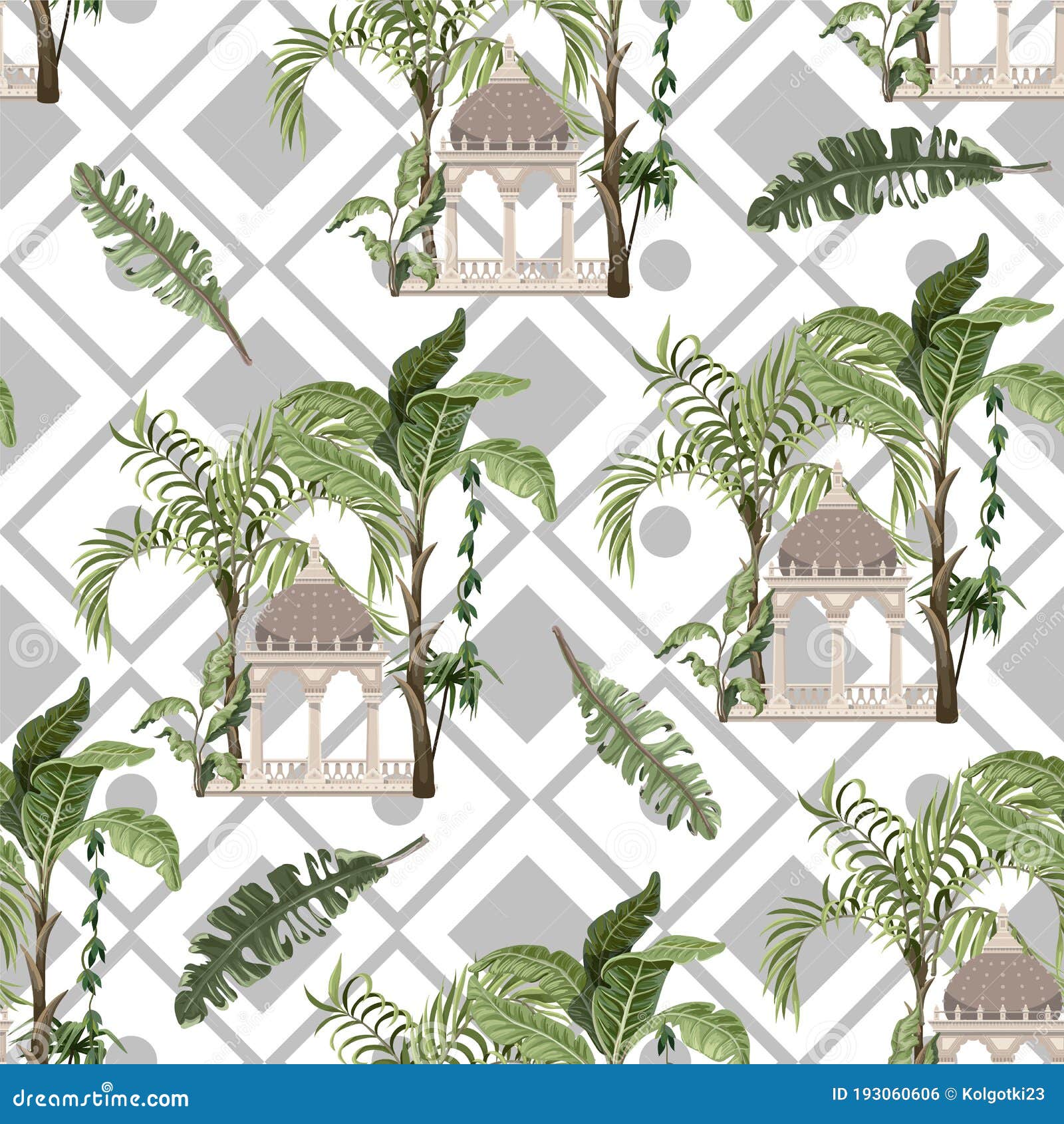 Seamless Pattern with Jungle Trees and Ancient Arbor. Vector. Stock ...
