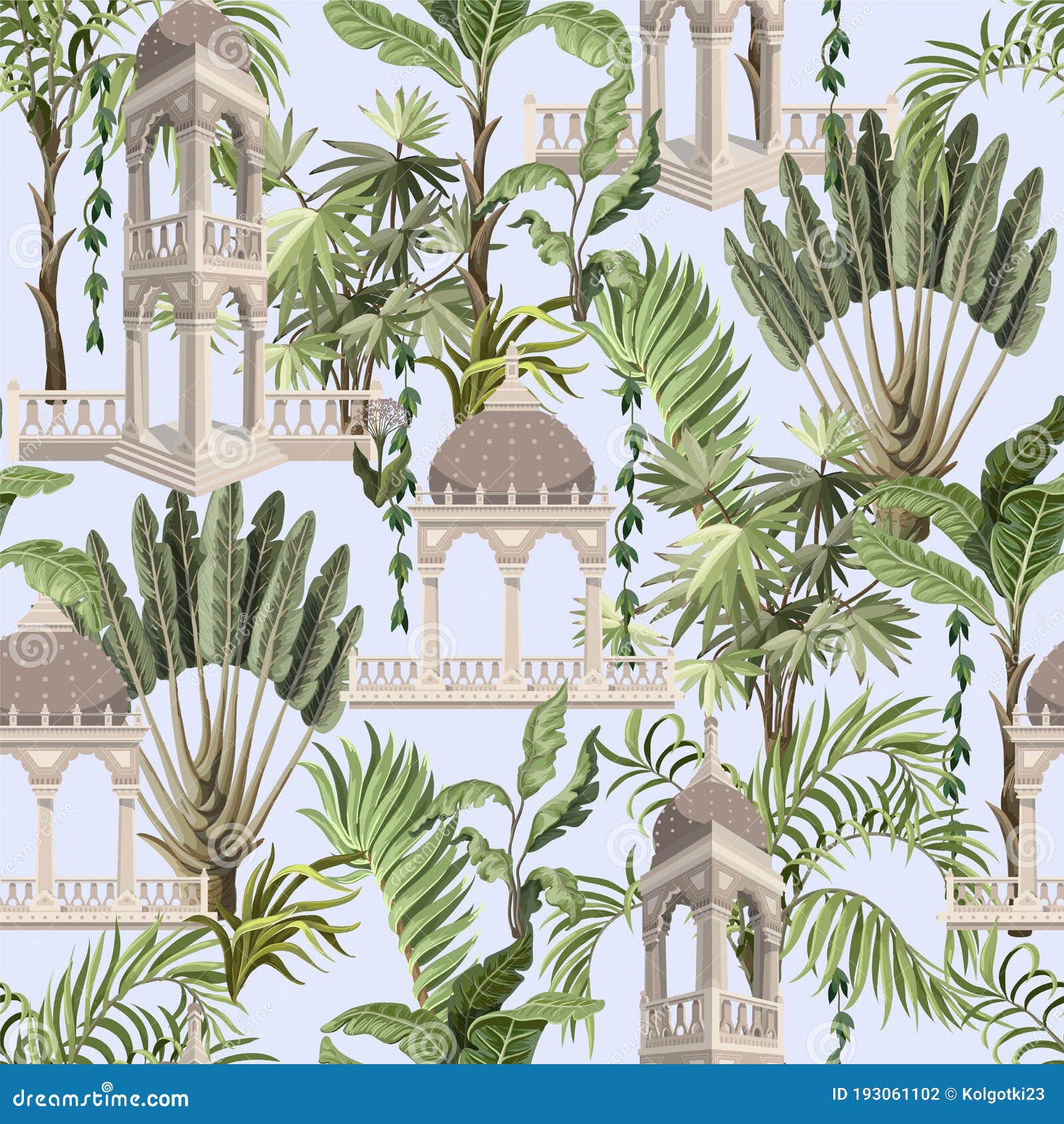 Seamless Pattern with Jungle Trees and Ancient Arbor. Vector. Stock ...