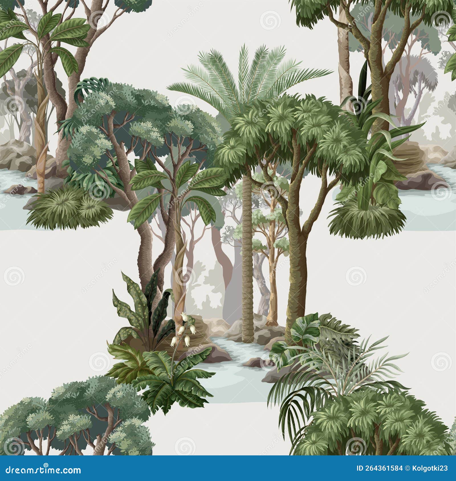 Seamless Pattern with Jungle Trees and Plants. Vector. Stock Vector ...
