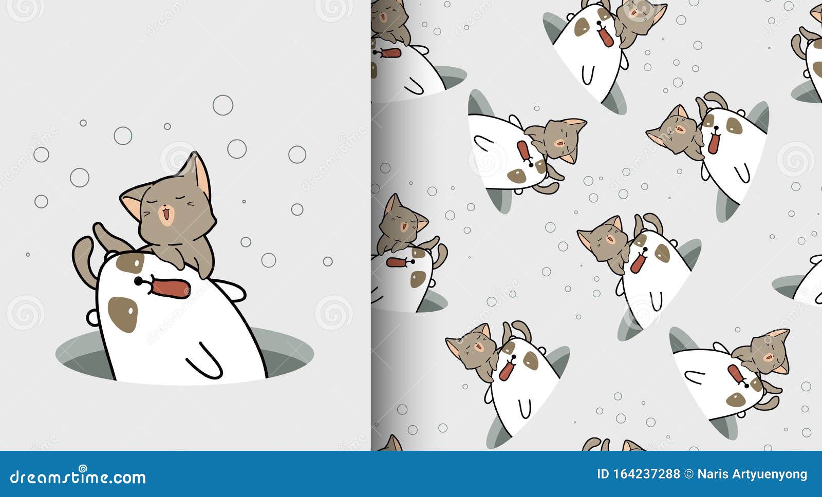 Seamless Pattern Kawaii Cat and Bear Characters in the Hole Stock ...