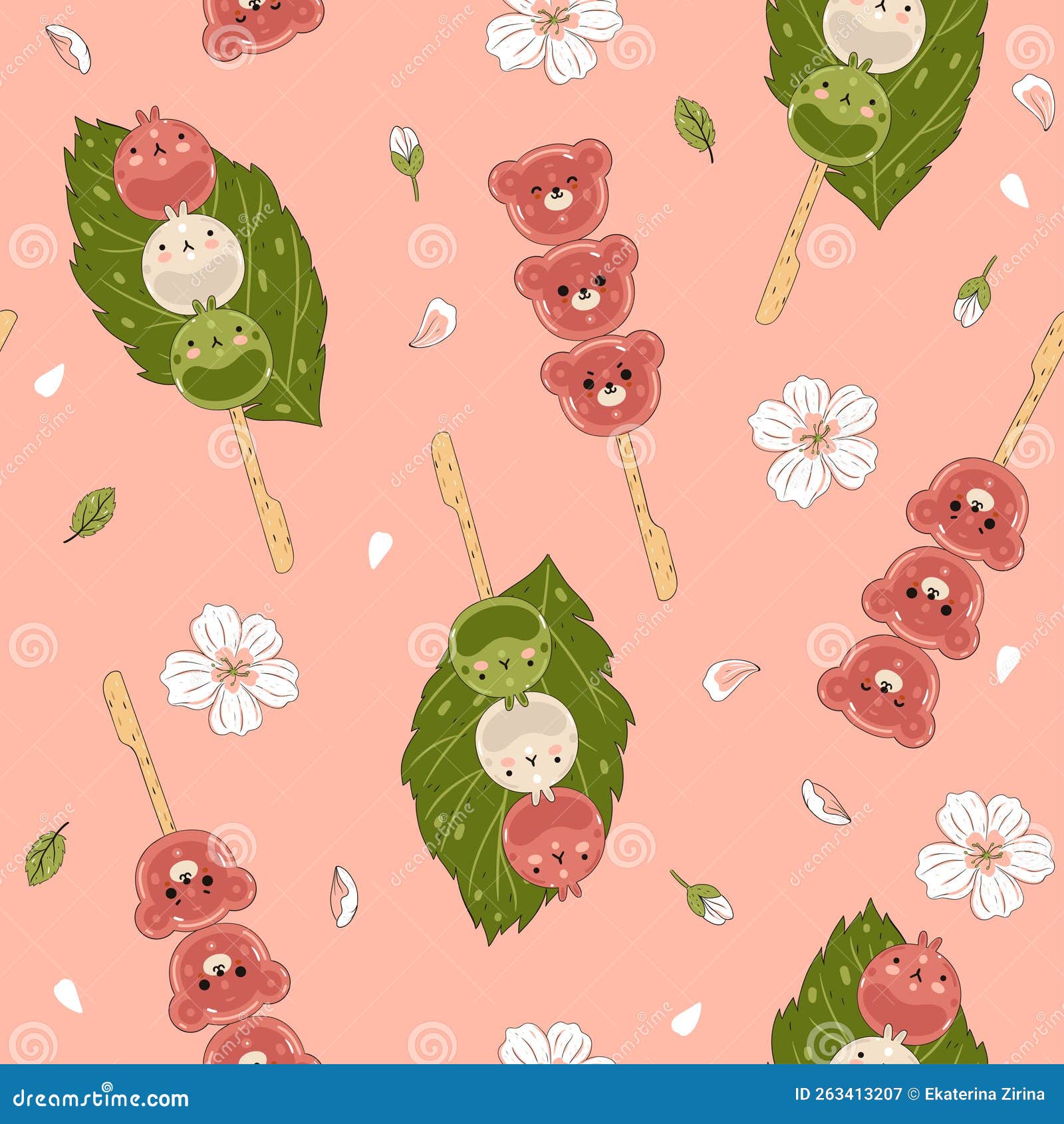 Seamless Pattern with Kawaii Dango. Vector Graphics Stock Illustration ...