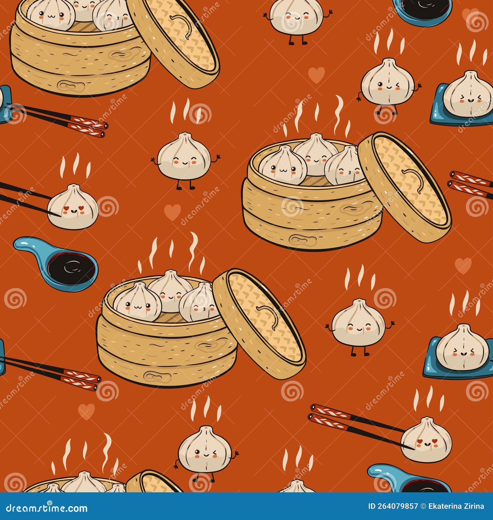 Seamless Pattern with Kawaii Dim Sum. Vector Graphics Stock Vector - Illustration of asian, food ...