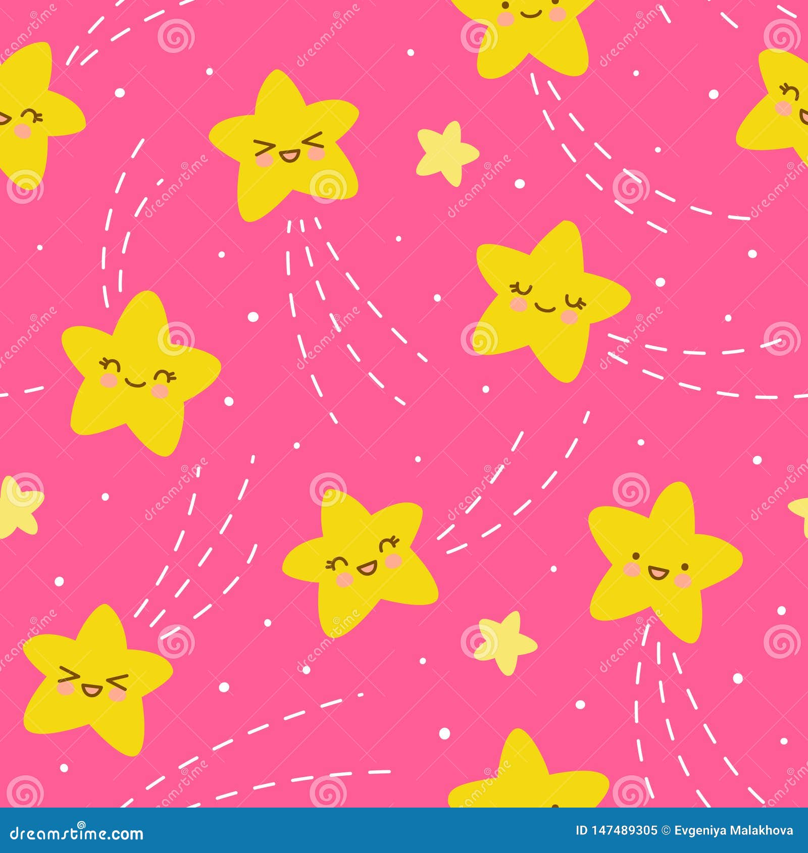 Kawaii Stars Set, Face With Eyes, Yellow Color On Blue Background ...