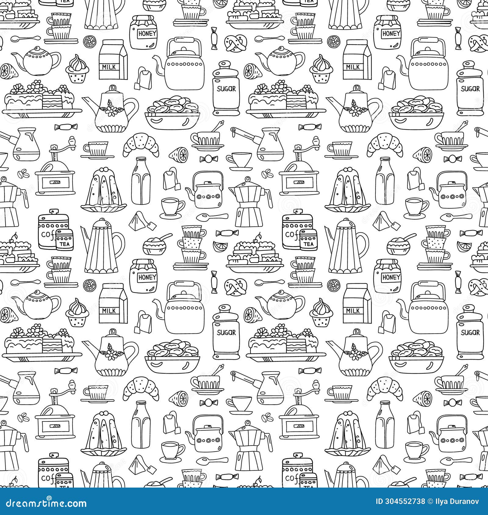 Seamless Pattern of Kitchen Theme, Pastries Doodle Stock Illustration ...