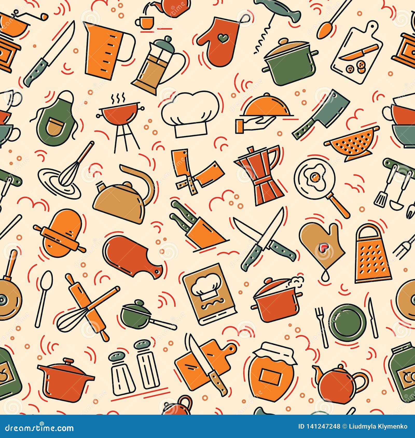 The Seamless Pattern on the Kitchen Theme with a Variety of Kitchen ...
