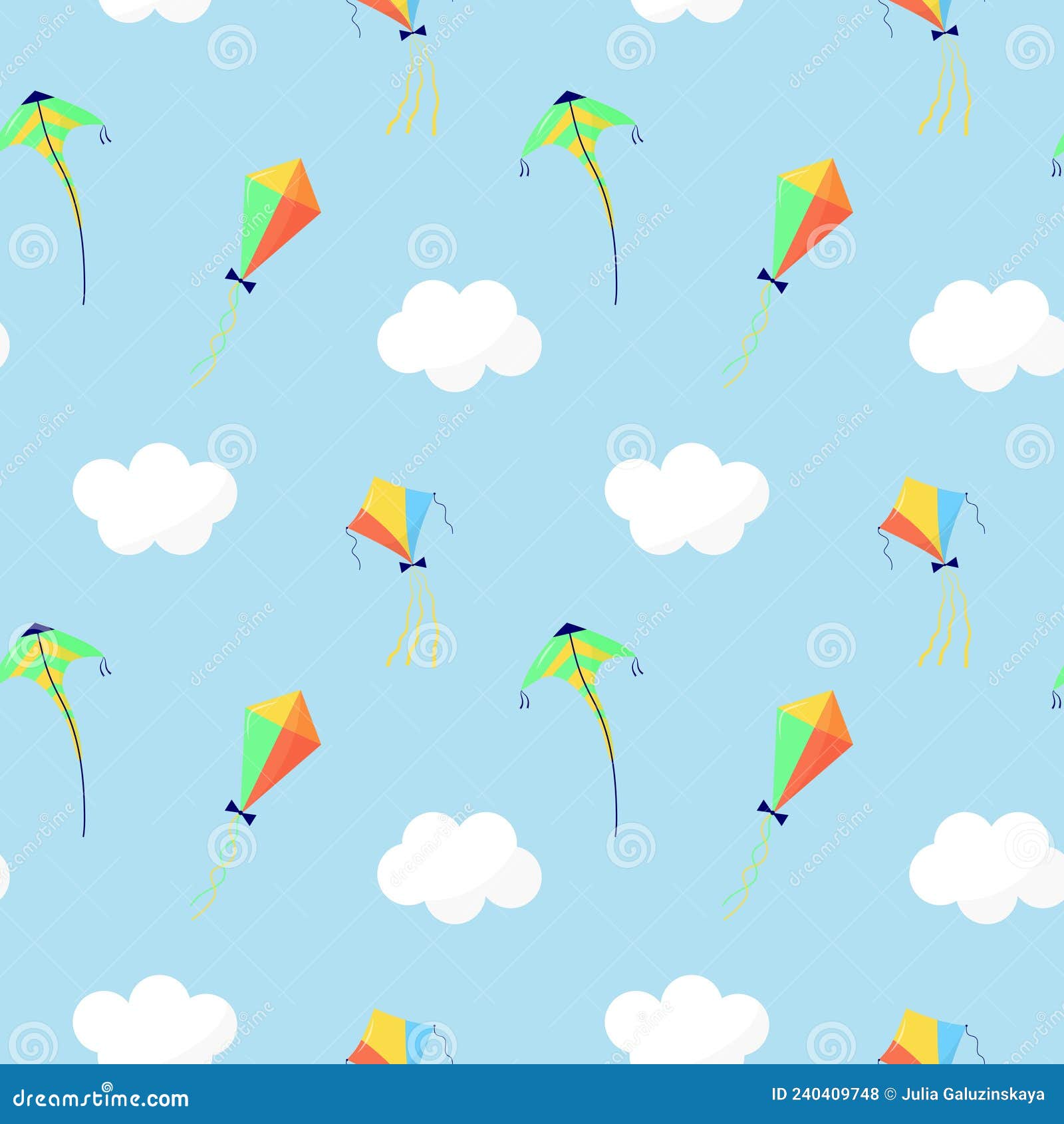 Seamless Pattern with Kites and Clouds on Blue Background Stock Vector ...