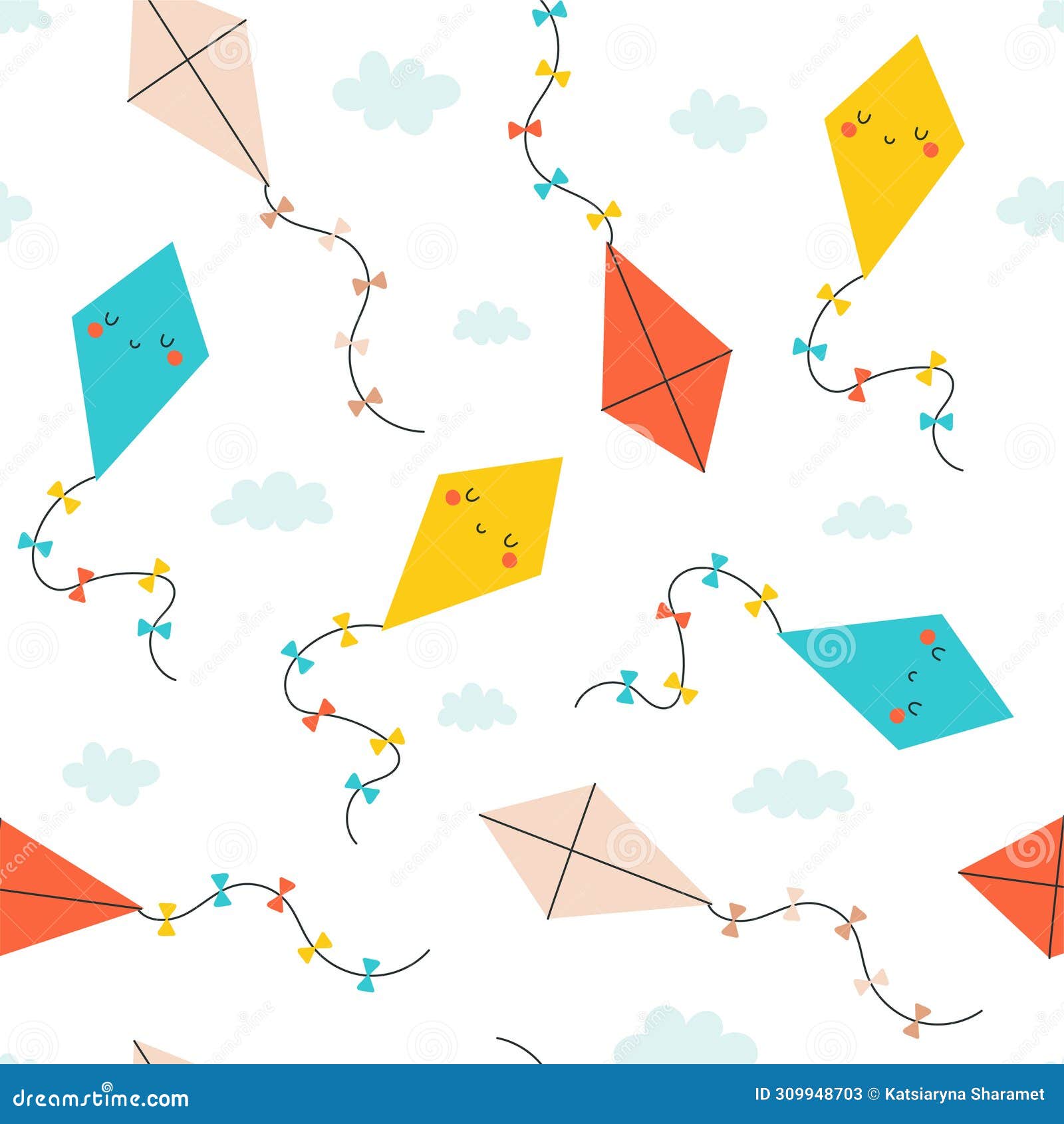 Seamless Pattern with Kites in the Sky. Childish Fabric Design. Vector ...