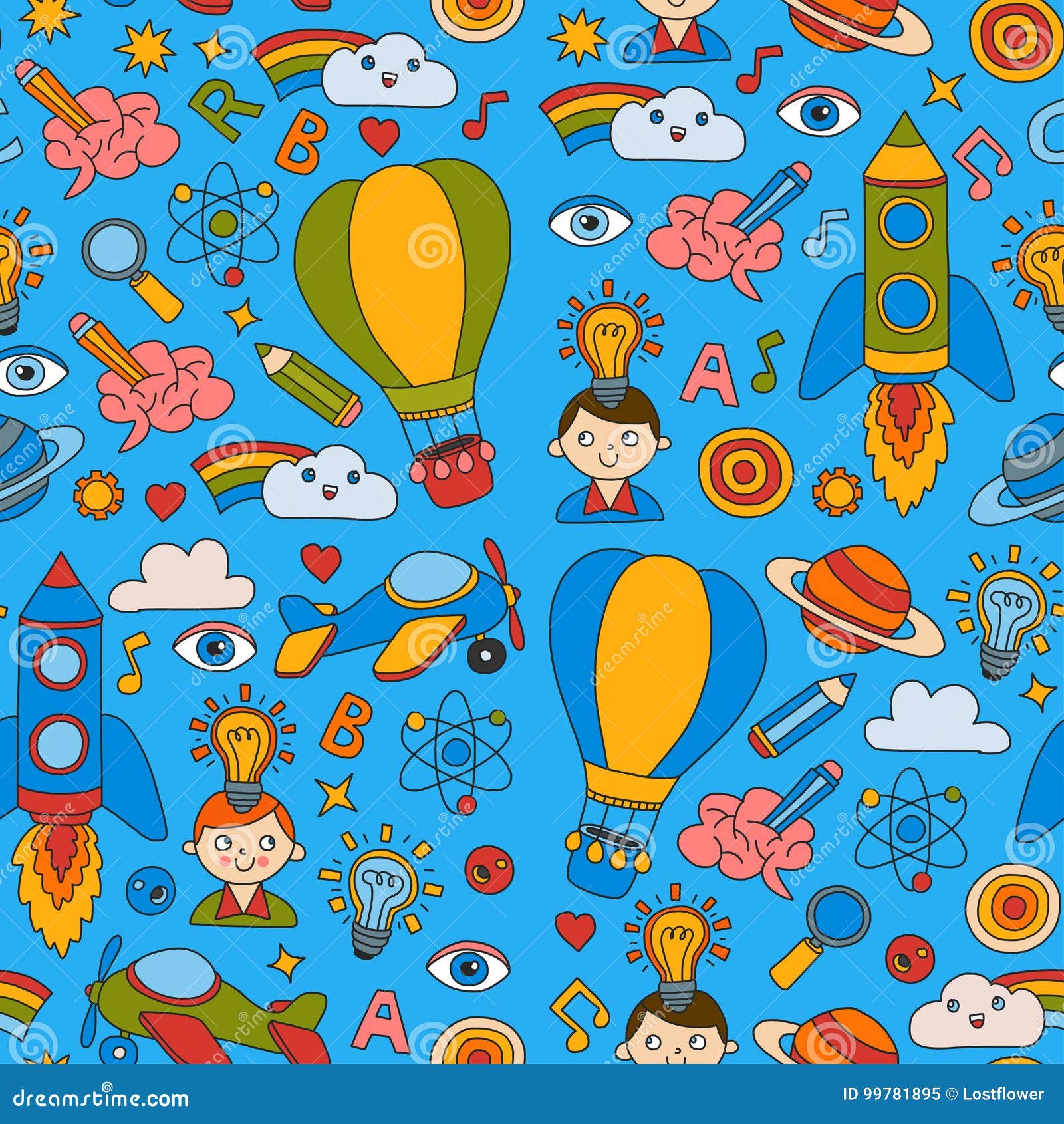 Seamless Pattern Knowledge Imagination Fantasy Kids Drawing Style Stock ...