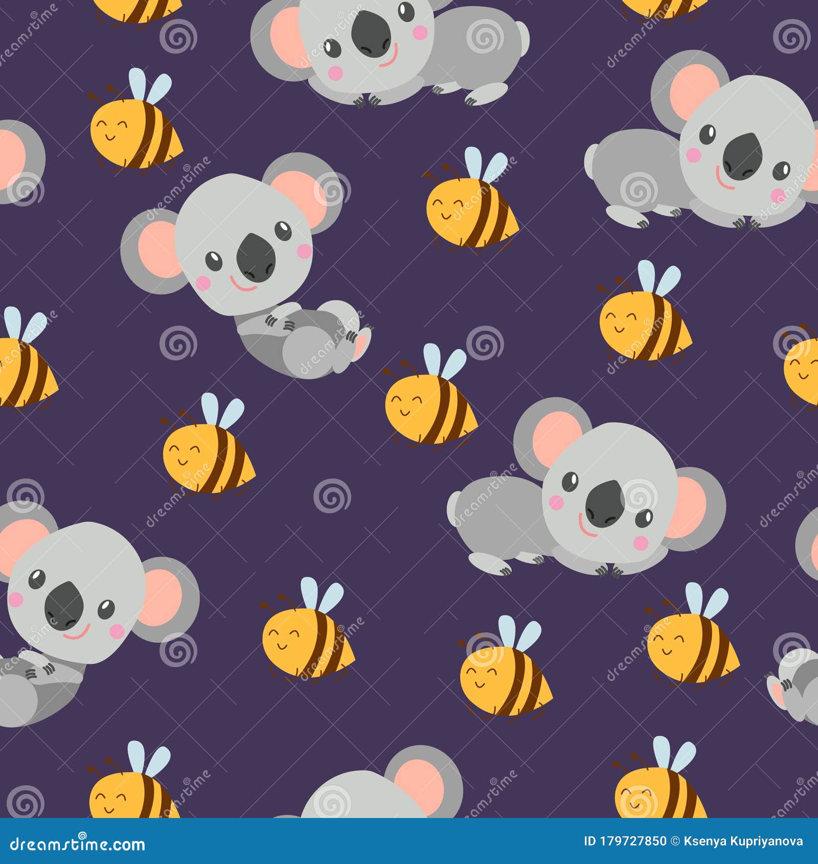 Seamless Pattern Koala Smiling and Yellow Bees Stock Illustration ...