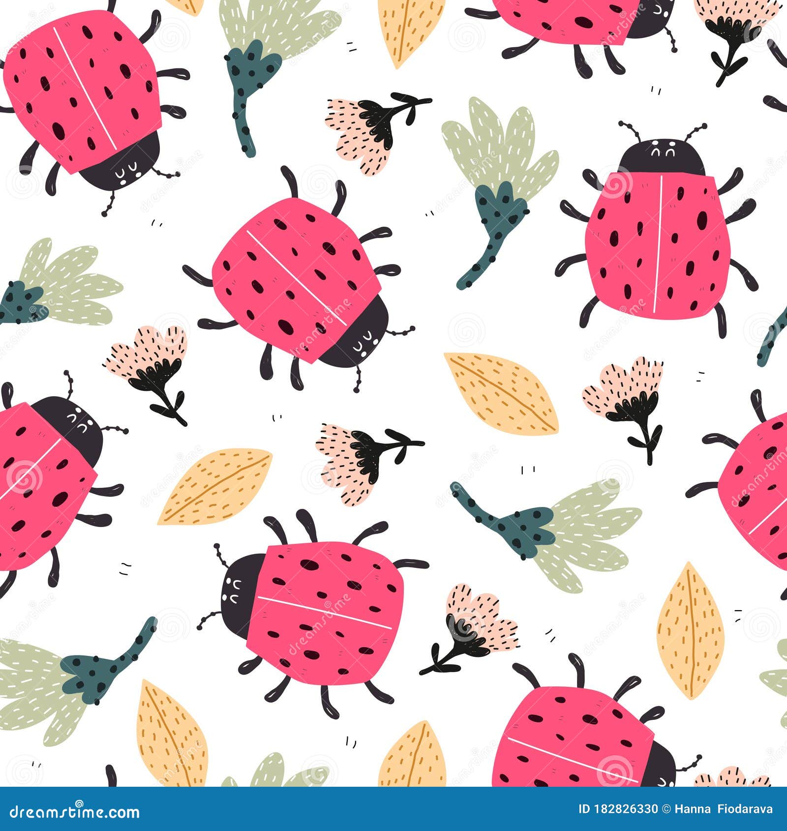 Seamless Pattern with Ladybug, Flowers, Decor Elements. Summer Colorful ...