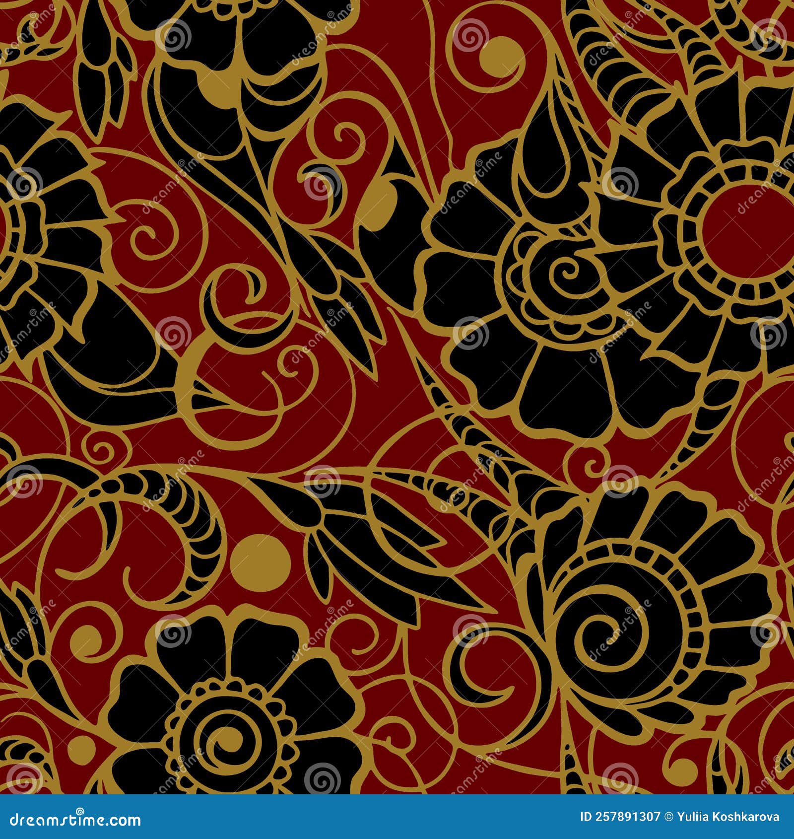 Seamless Pattern of Large Black Flowers with a Golden Outline on a Red ...