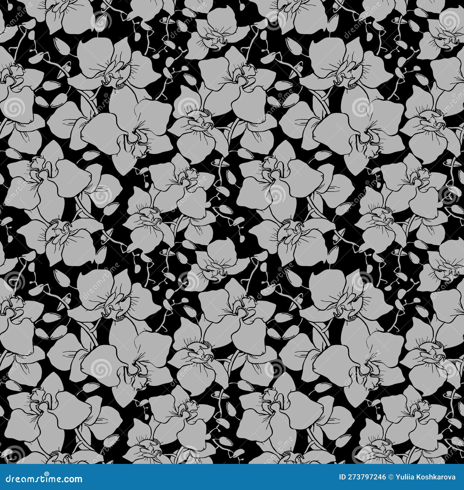 Seamless Pattern of Large Gray Silhouettes of Orchids on a Black ...