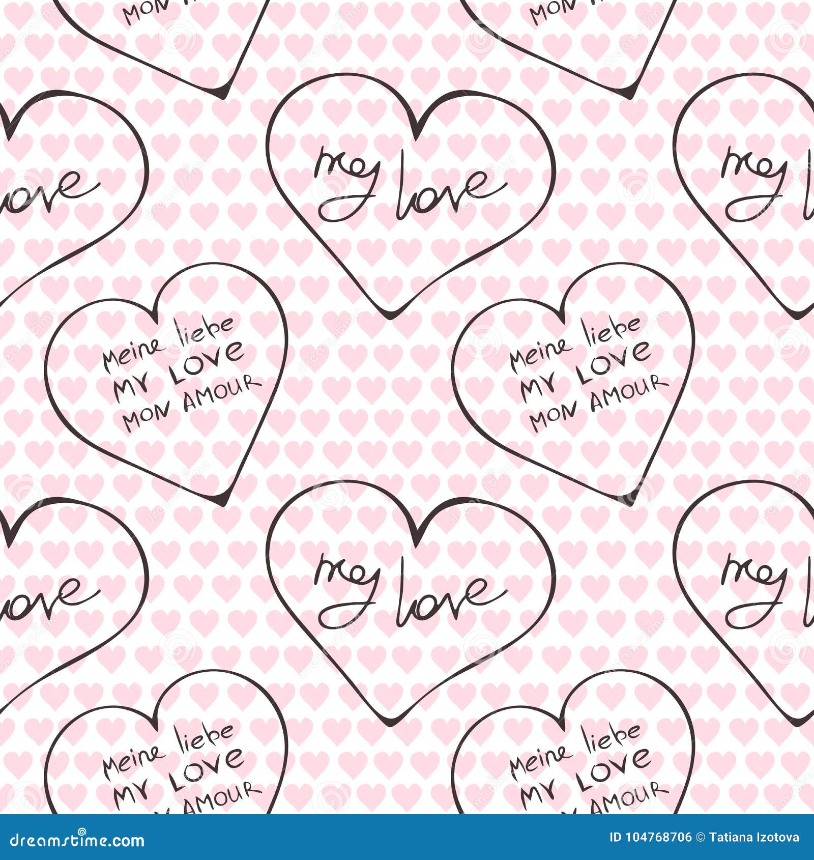Seamless Pattern with Large Linear Hearts with Inscriptions about Love ...