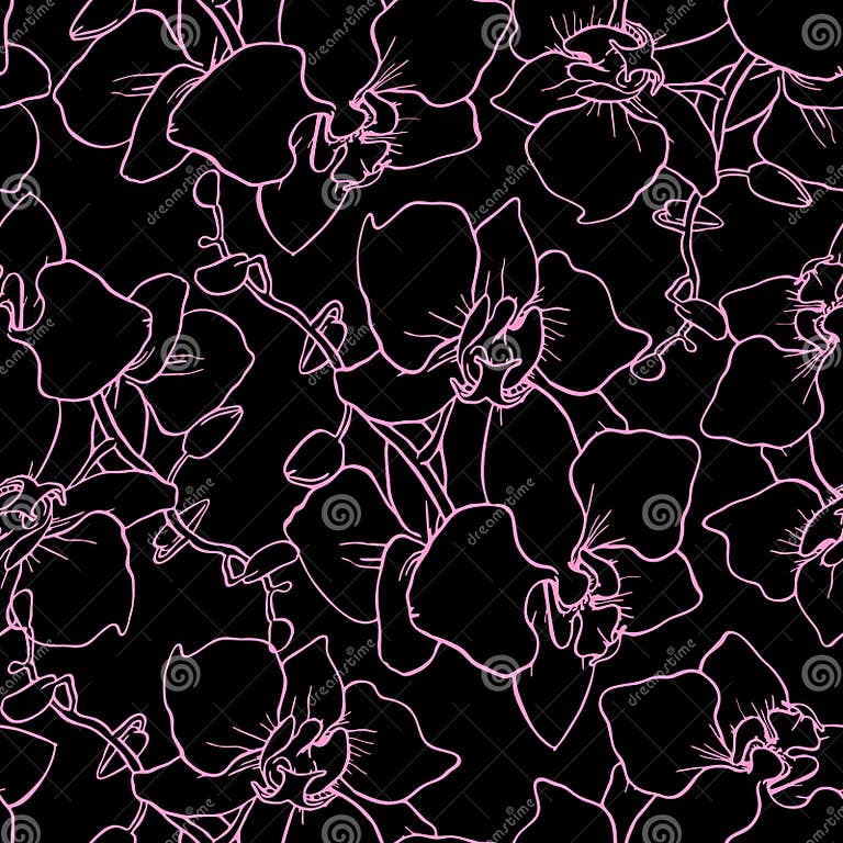 Seamless Pattern of Large Pink Silhouettes of Orchids on a Black ...