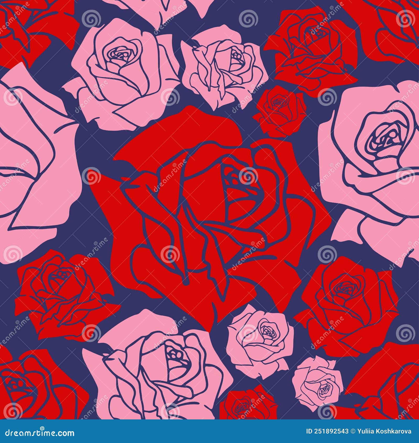 Seamless Pattern of Large Red and Pink Rose Buds on a Blue Background ...
