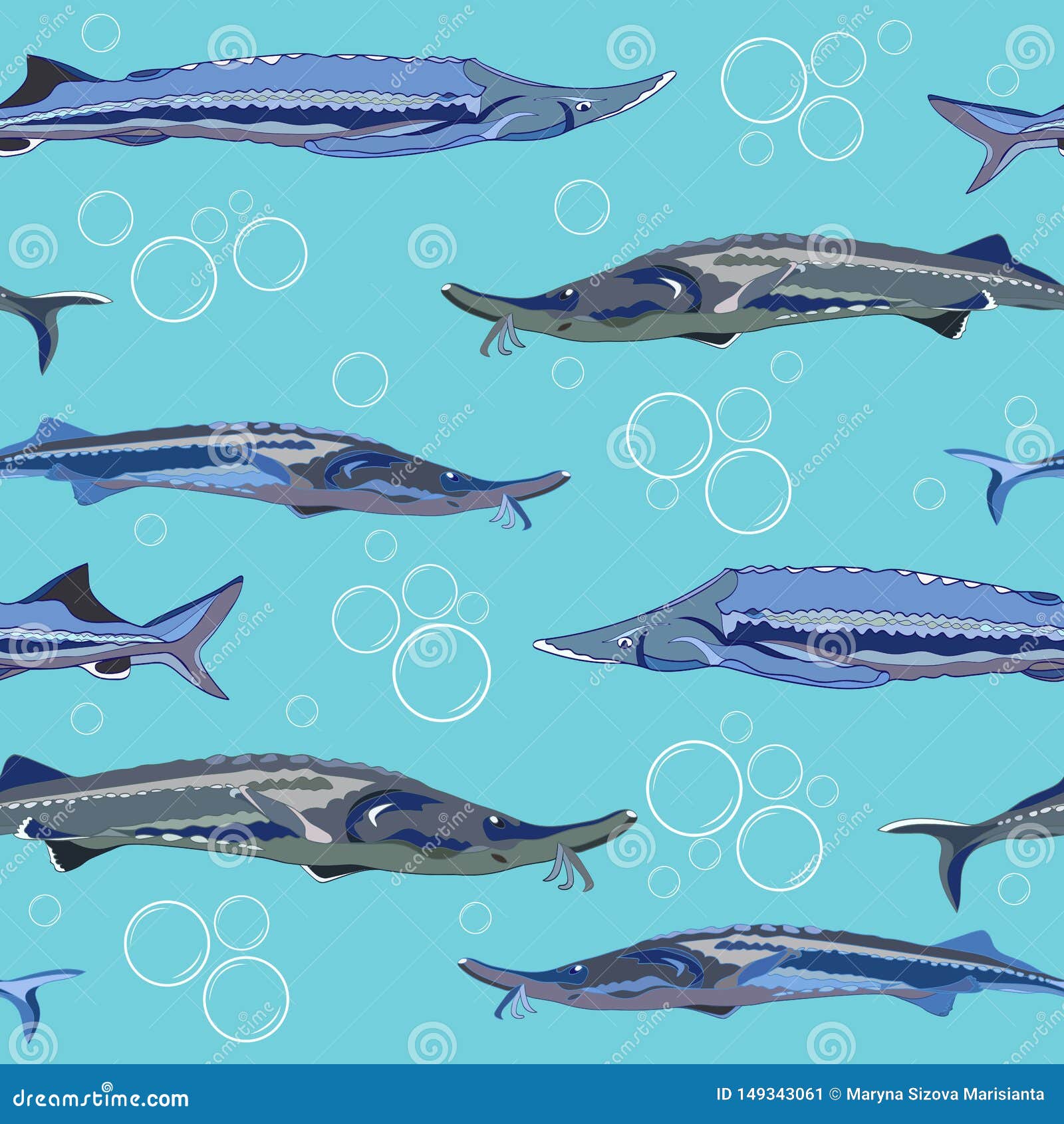 Seamless Pattern of Large Sturgeon Fish on Blue Background Stock Vector ...