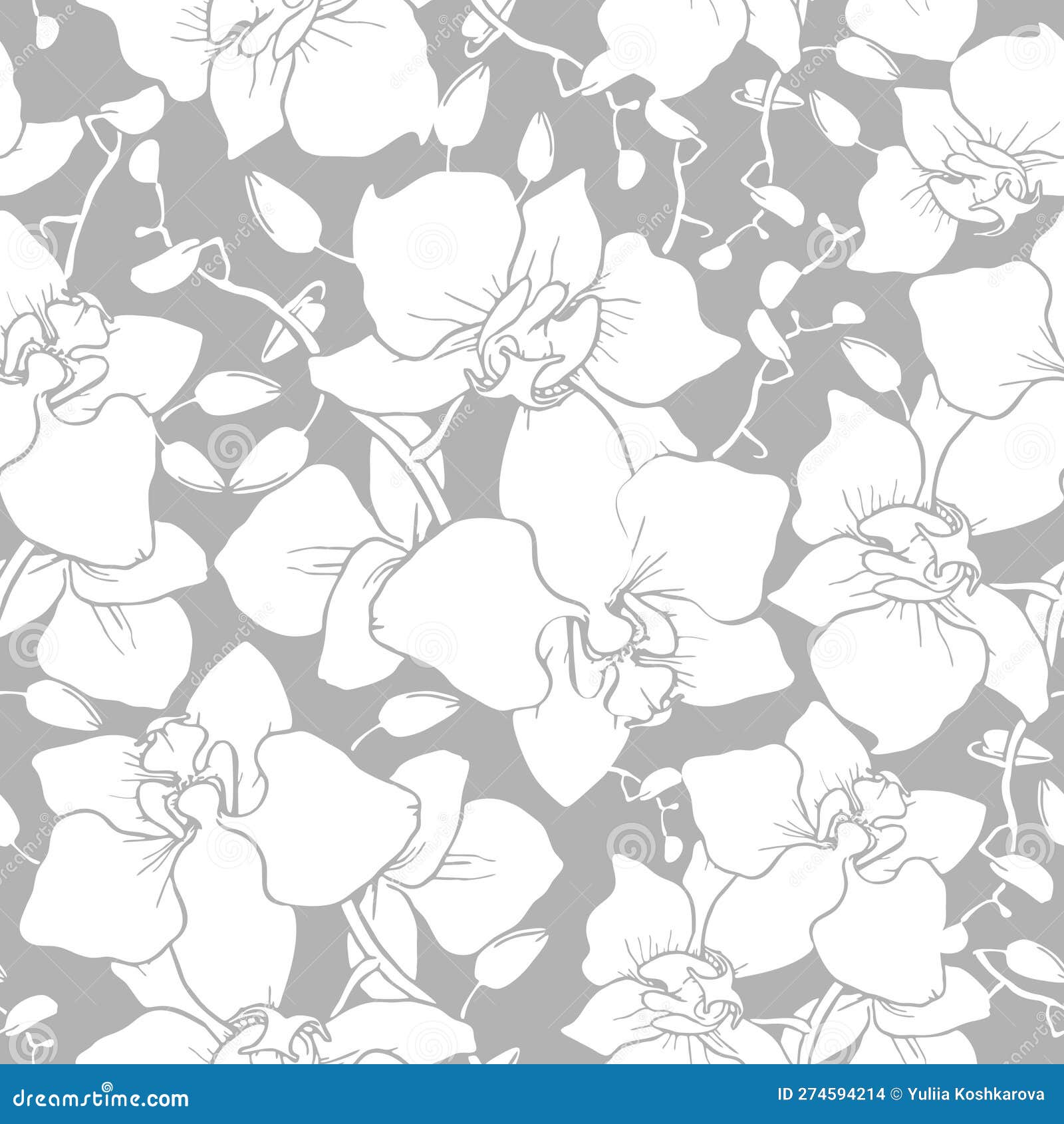 Seamless Pattern of Large White Silhouettes of Orchids on a Gray ...