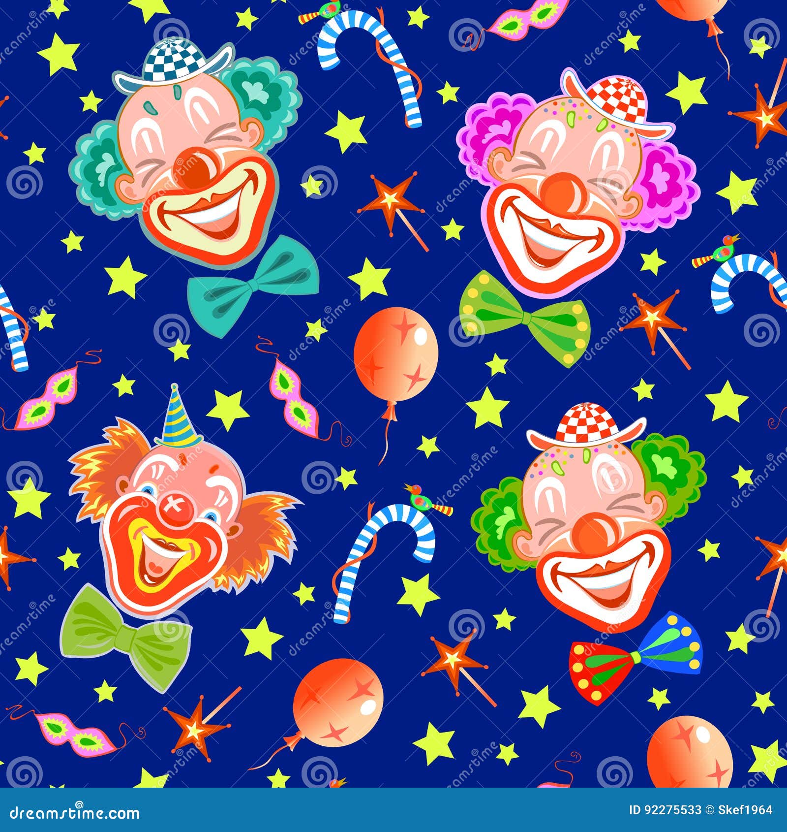 Seamless Pattern with Laughing Clowns in Dark Blue. Stock Vector ...