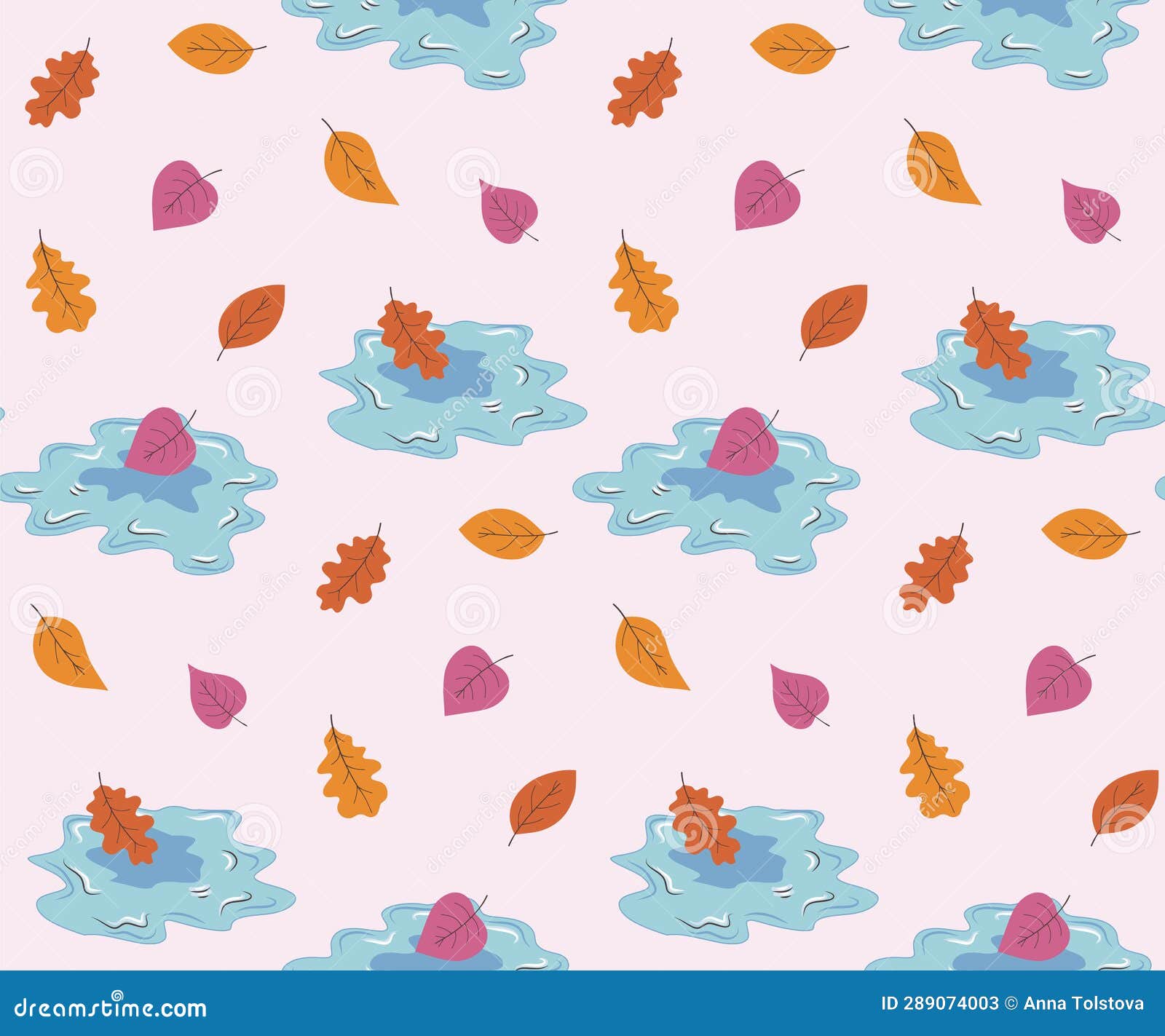Seamless Pattern with Leaf Fall and Puddles in Cartoon Style, Autumn ...