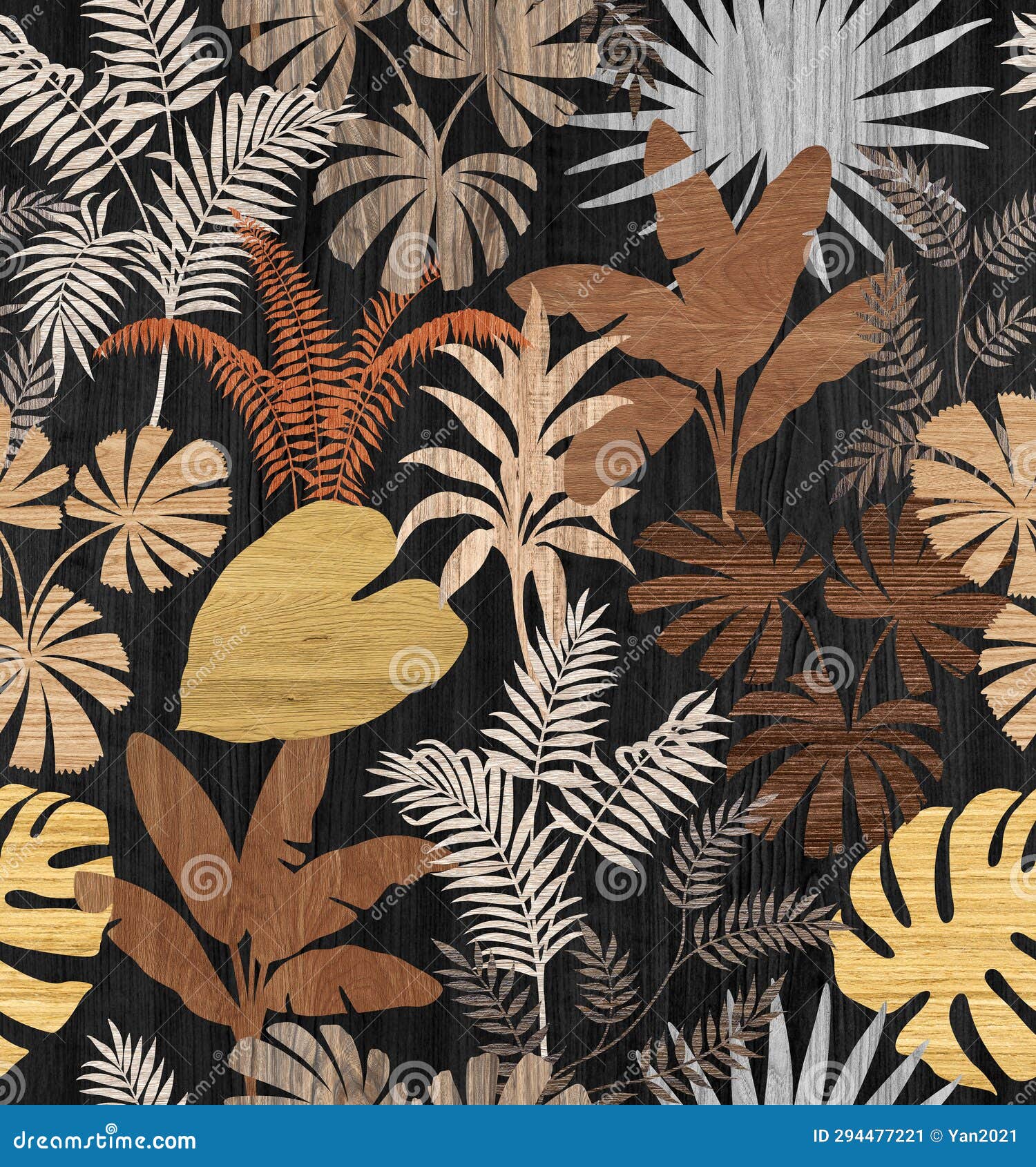 Seamless Pattern Leaf Graphics Wooden Texture Surface with Tropical ...