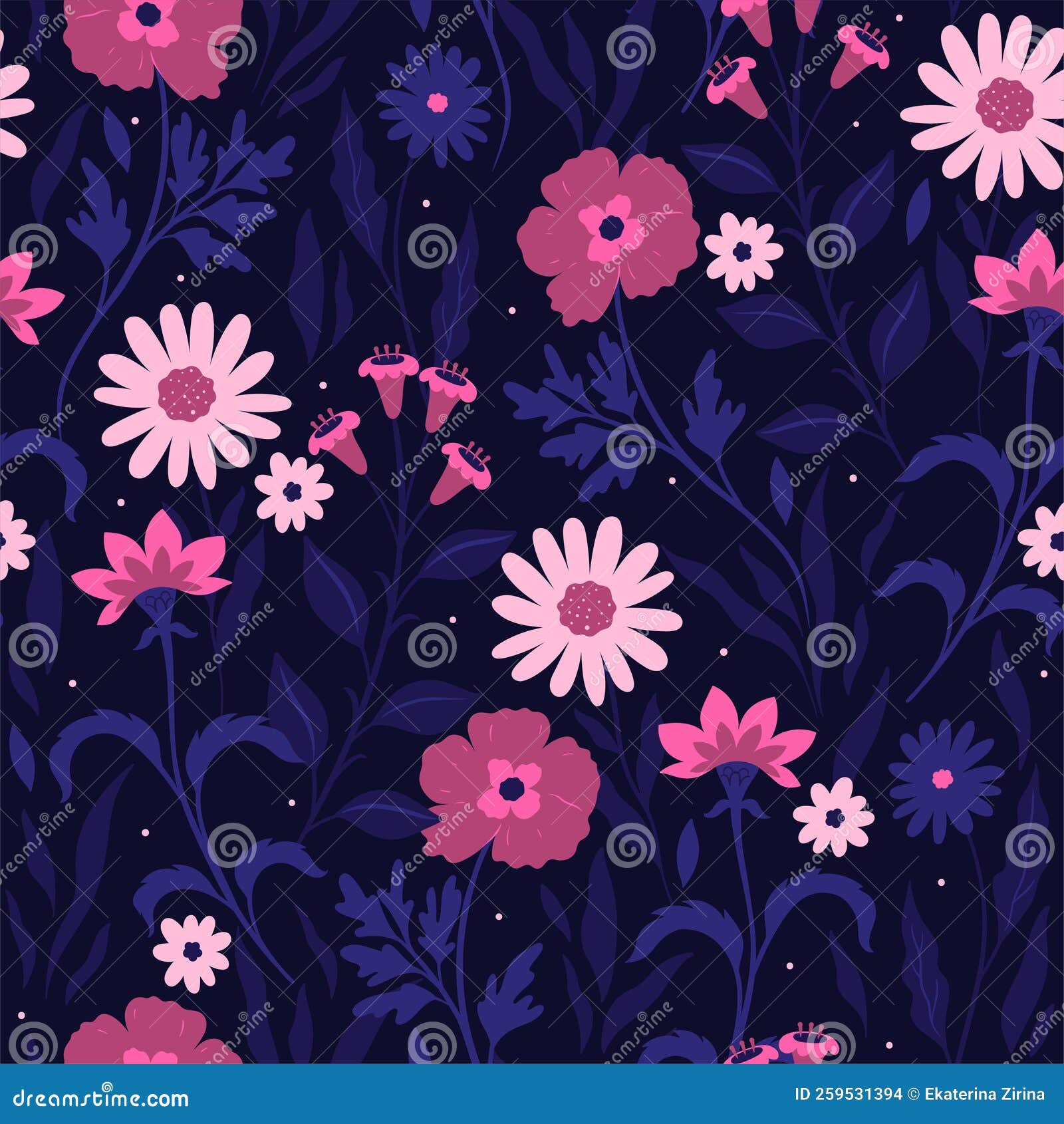 Seamless Pattern with Leaves and Flowers. Vector Graphics Stock ...