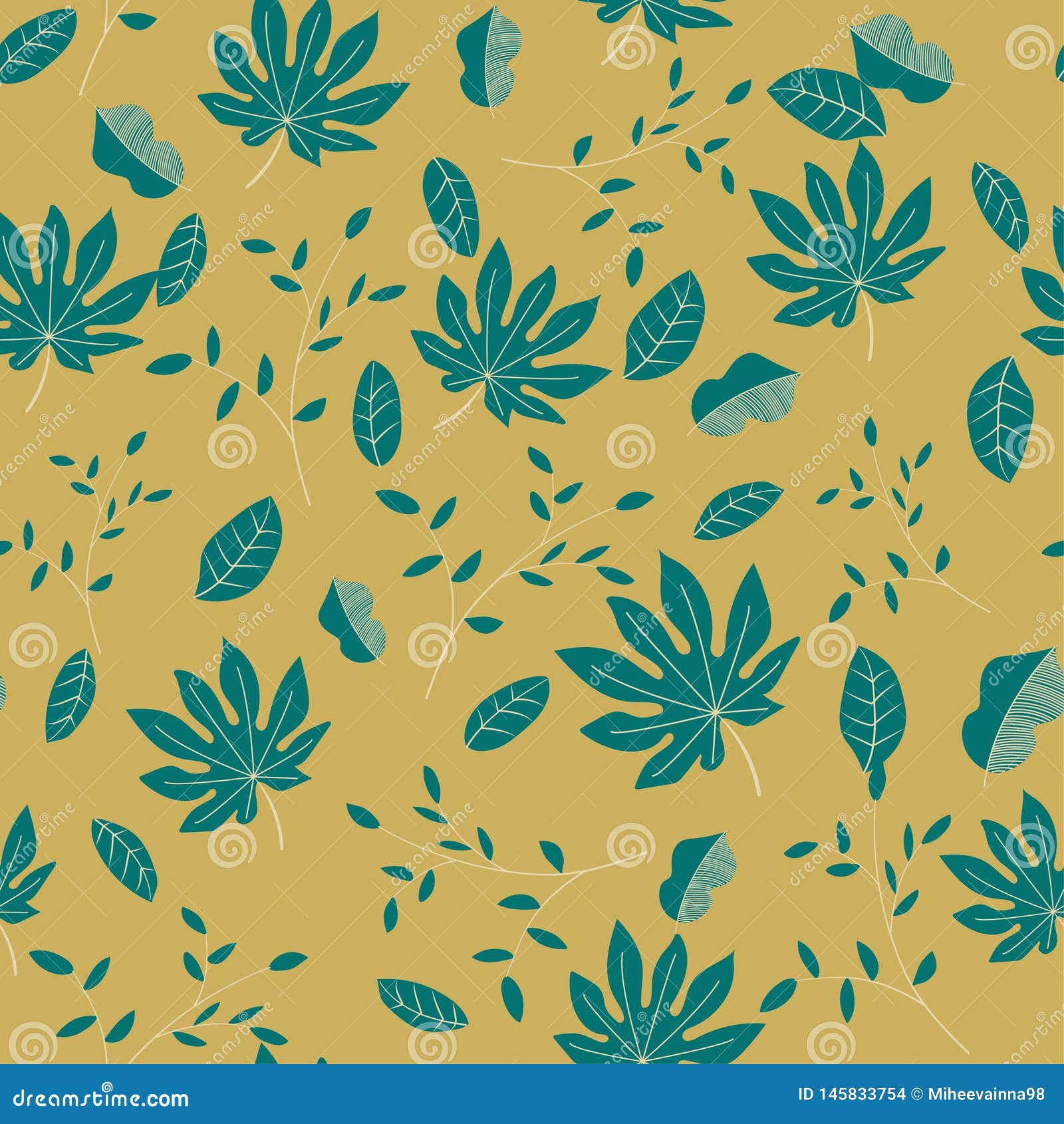 Seamless Pattern with Leaves on Yellow Background. Art, Abstract. Stock ...