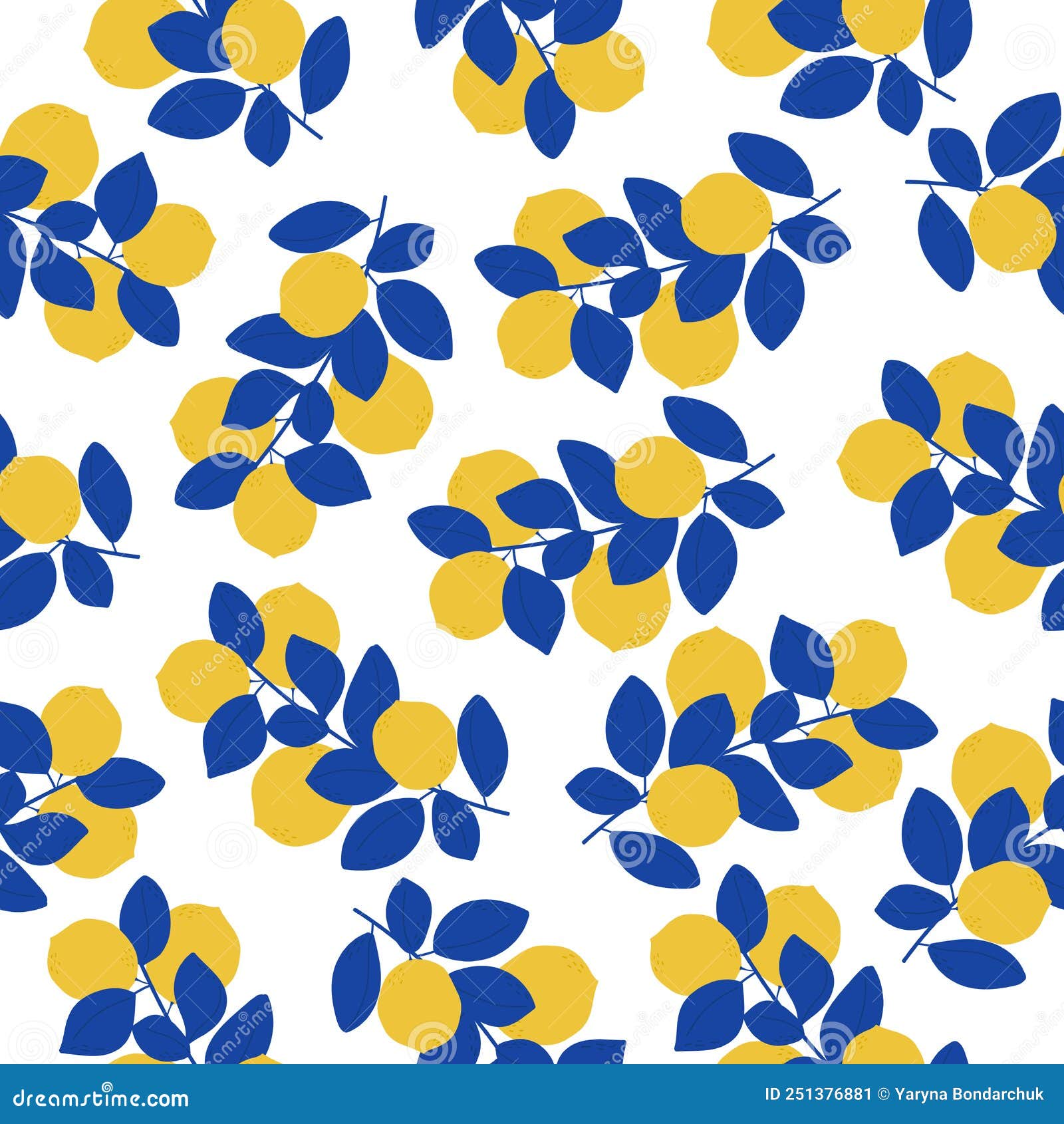 Seamless Pattern of Lemon Branches. Plant with Ripe Fruit and Blue ...