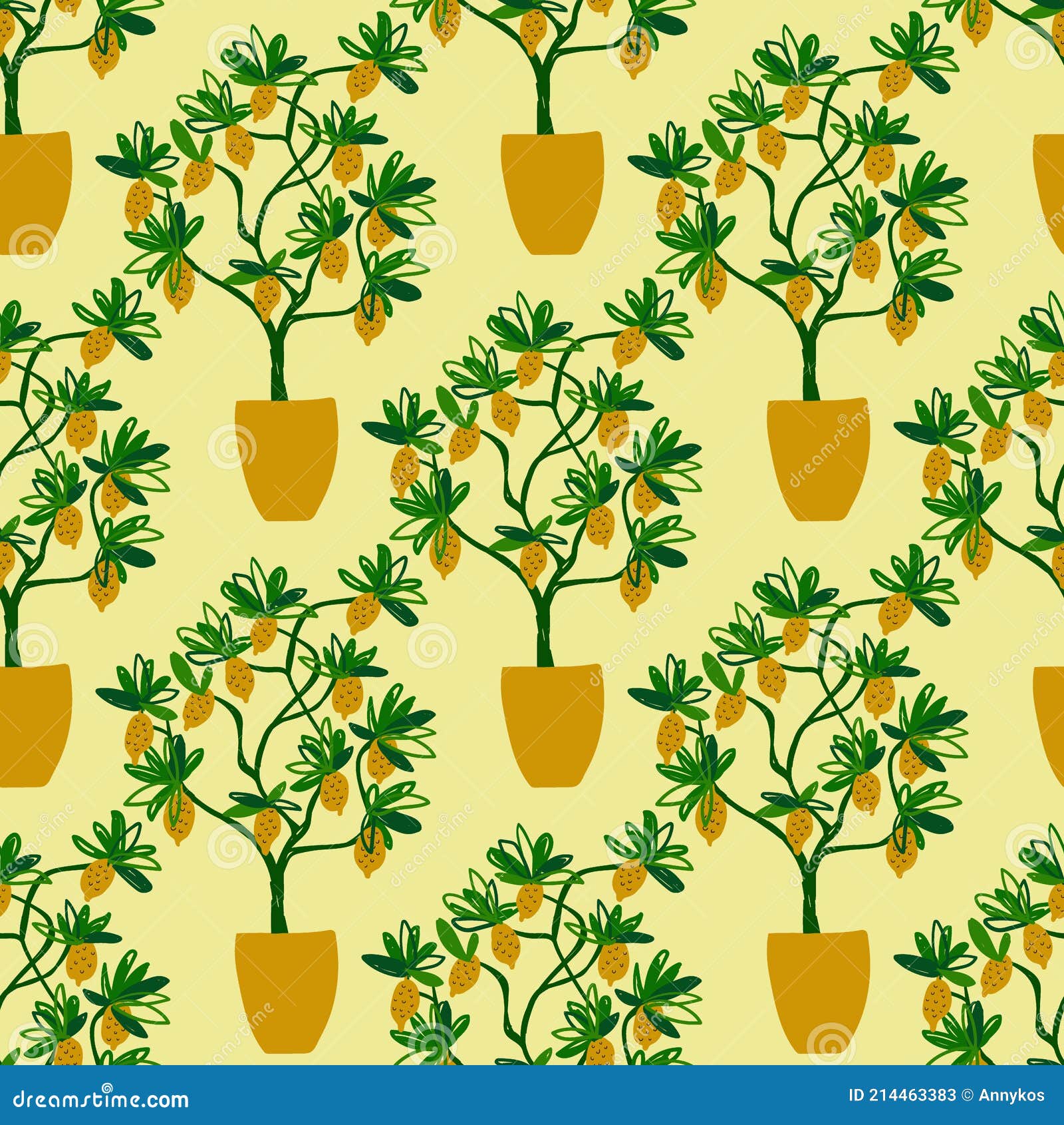 Seamless Pattern with Lemon Tree Pot Stock Vector - Illustration of ...
