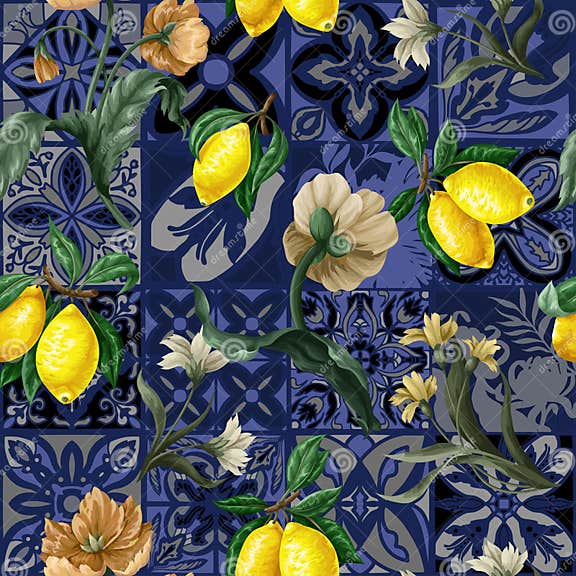 Seamless Pattern with Lemons and Blue Ornament. Vector Stock ...