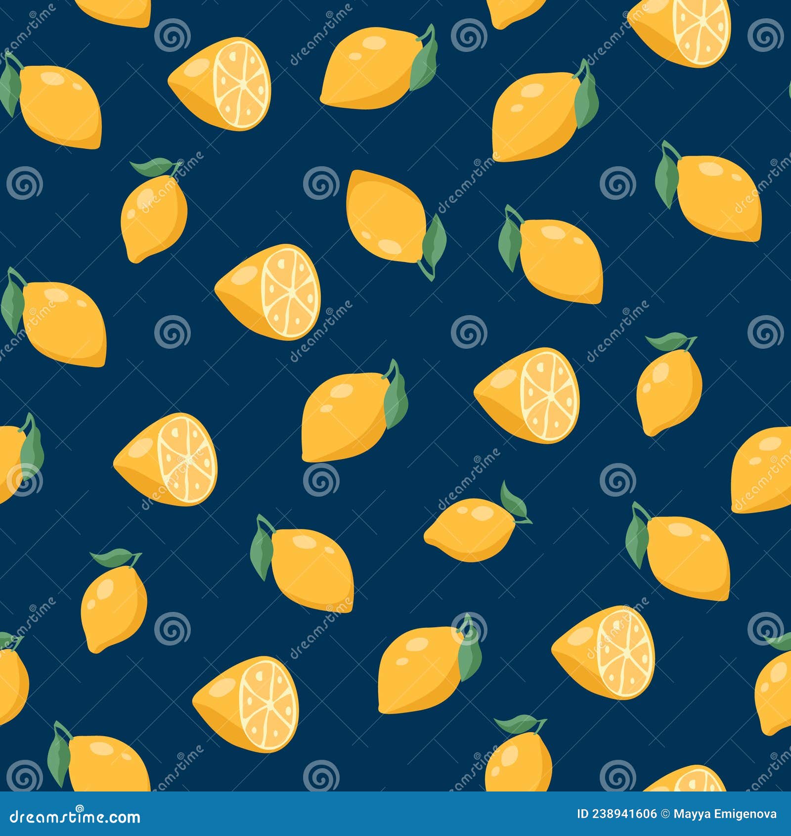 Seamless Pattern of Lemons on a Dark Blue Background. Fruit for ...