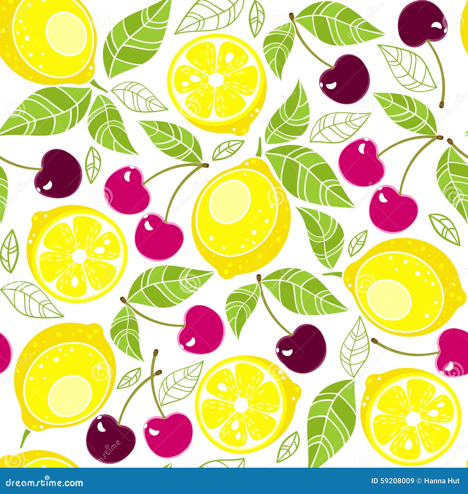 Seamless Pattern Lemons with Leaves and Cherry on a White Background ...