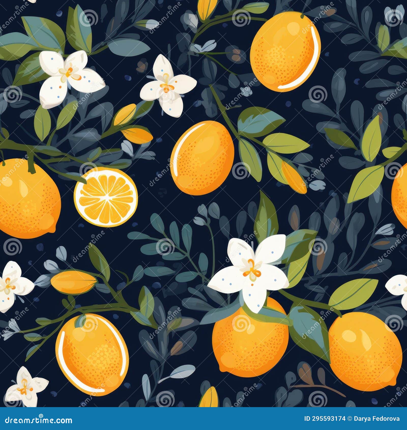 Seamless Pattern of Lemons, Leaves and Flowers on Blue Background Stock ...
