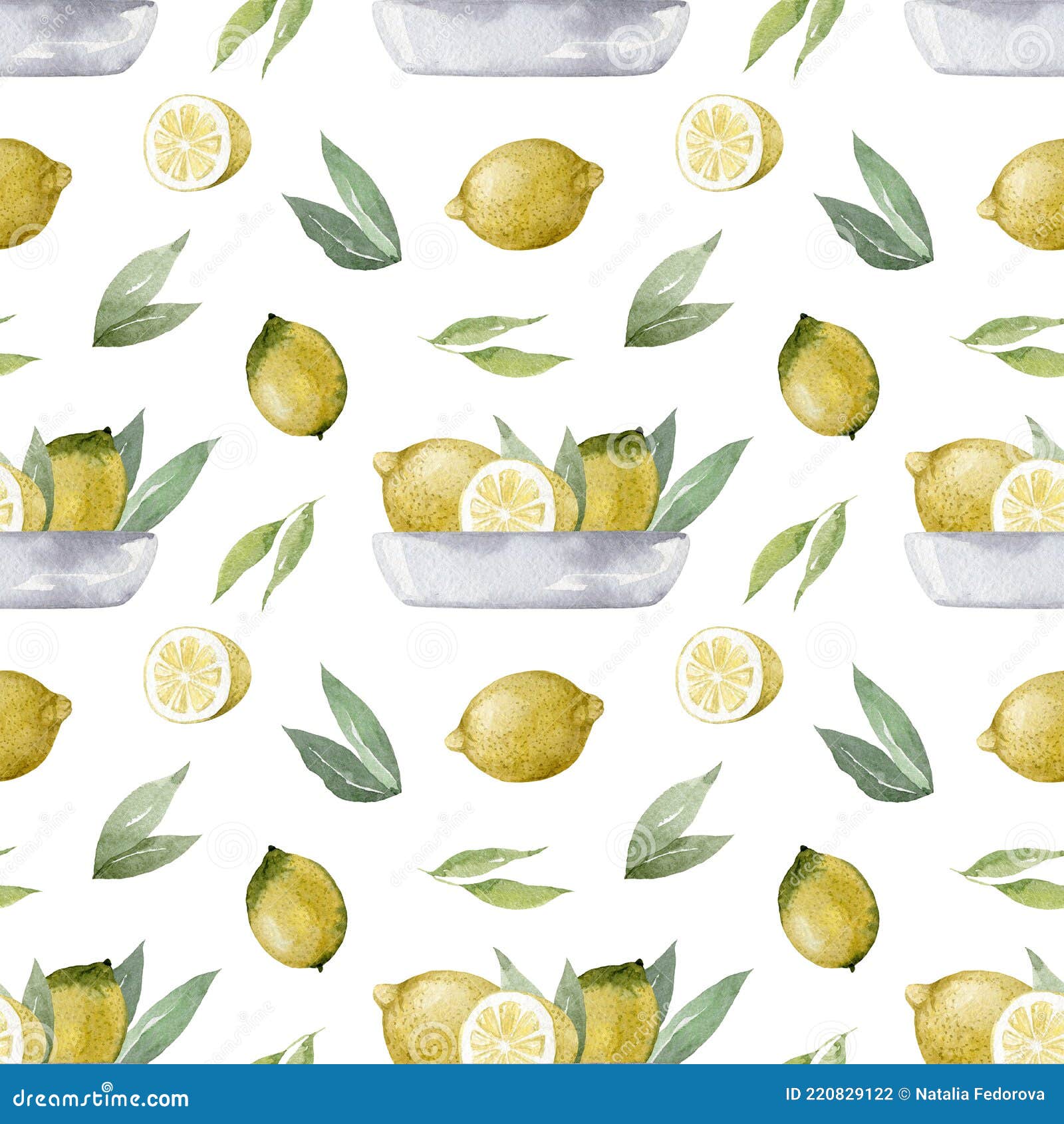 Seamless Pattern with Lemons and Leaves, Lemons on Ceramic Plate Stock ...