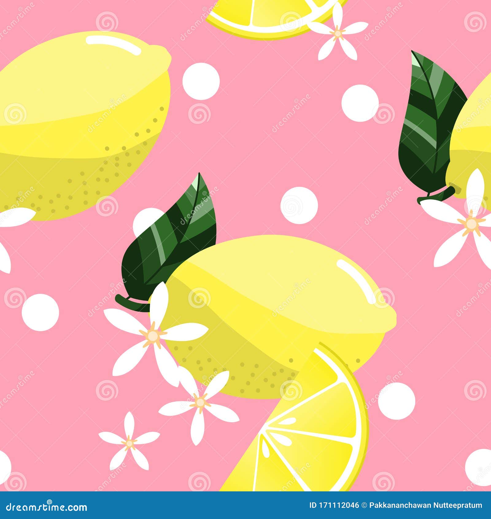 Seamless Pattern of Lemons with Leaves, Sliced Lemons and Lemon Flower ...