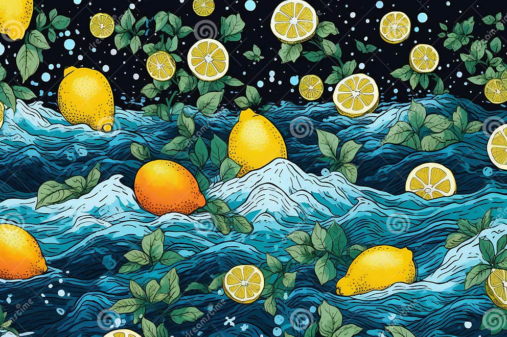 Seamless Pattern with Lemons, Leaves and Waves, Hand Drawn Stock ...
