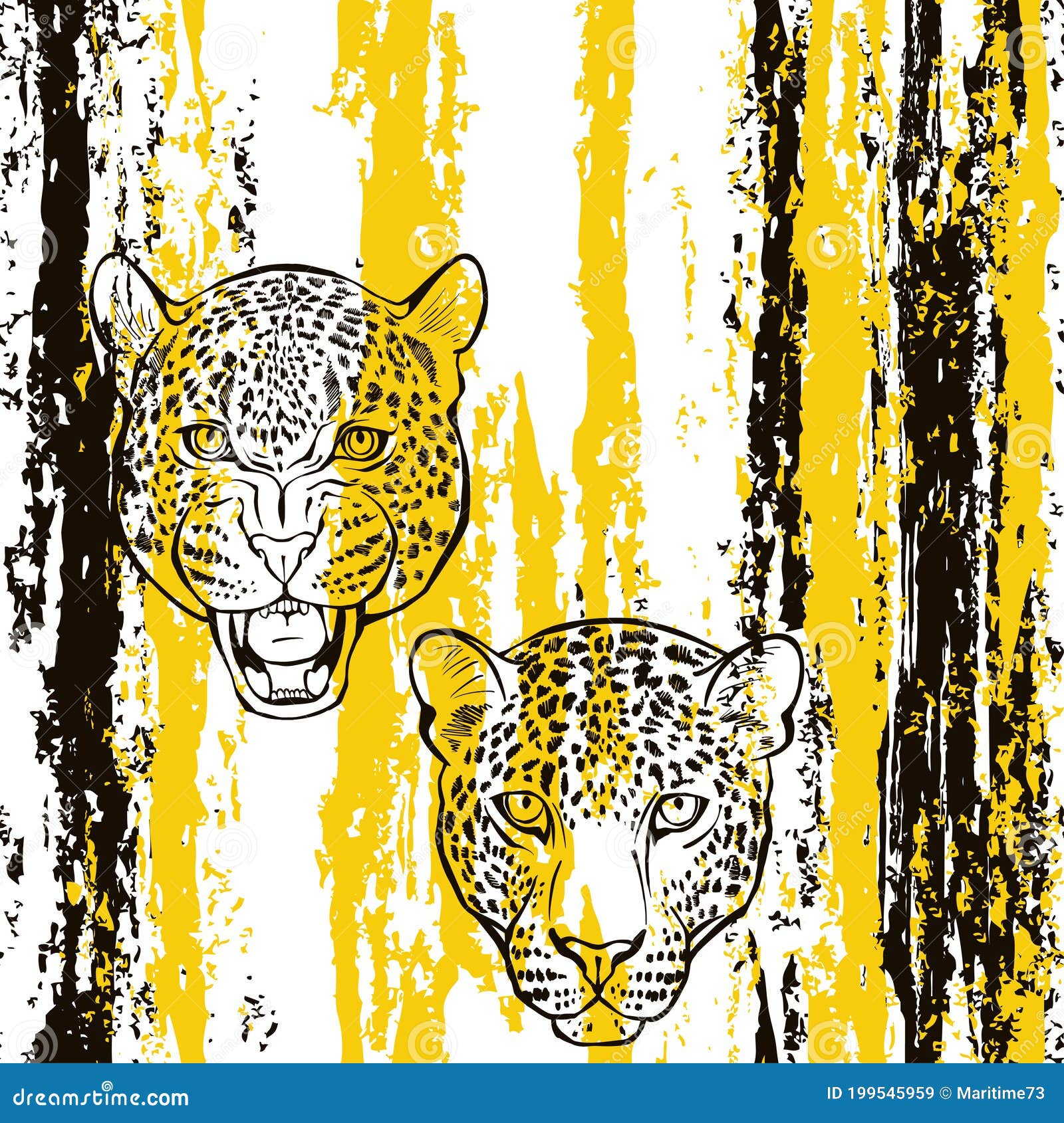 Seamless Pattern with Leopard Faces and Texture Stripes. Hand-drawn ...