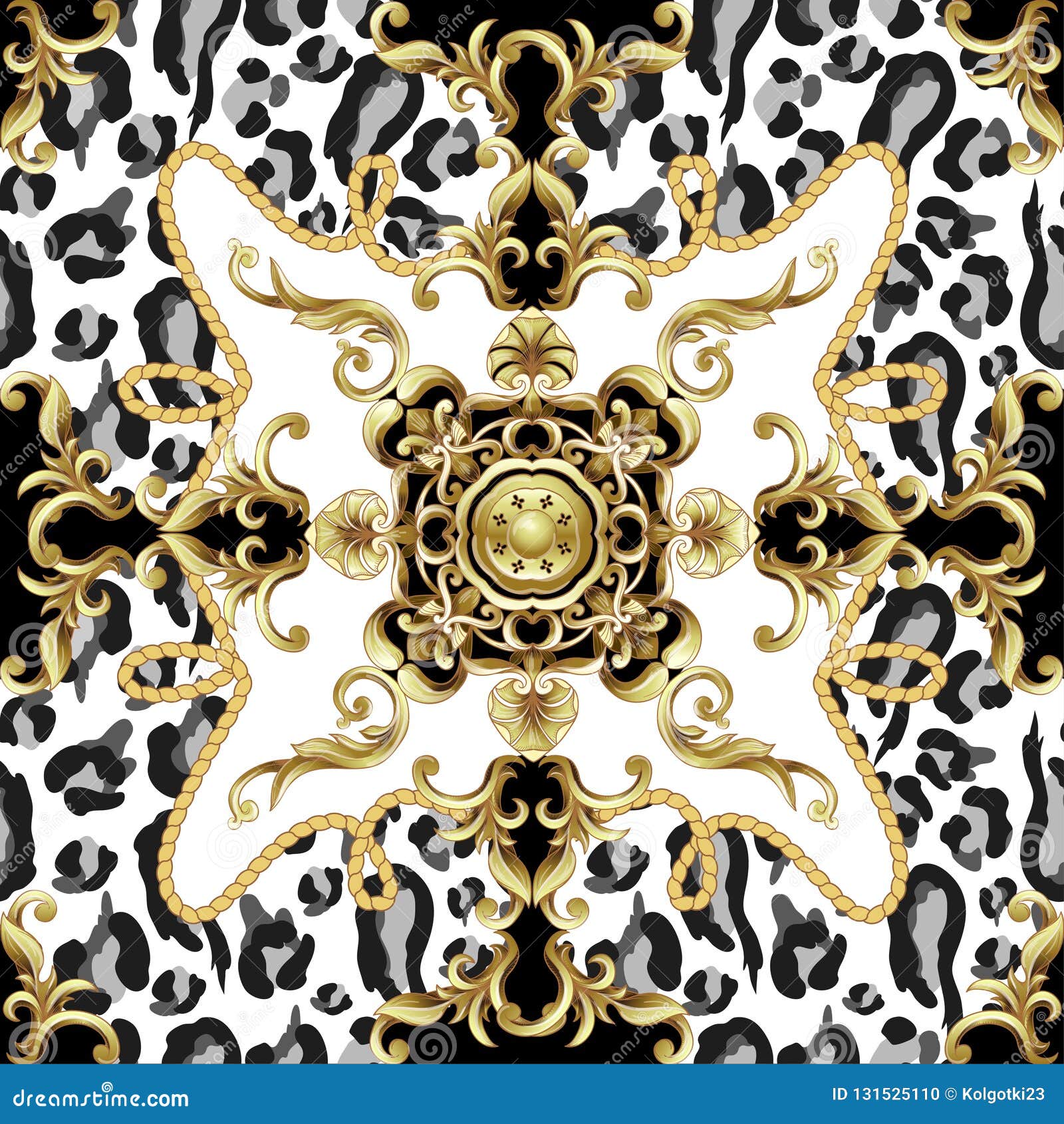 Seamless Pattern with Leopard Skin and Golden Baroque Elements. Vector ... Seamless Pattern with Leopard Skin and Golden Baroque Elements. Vector ...